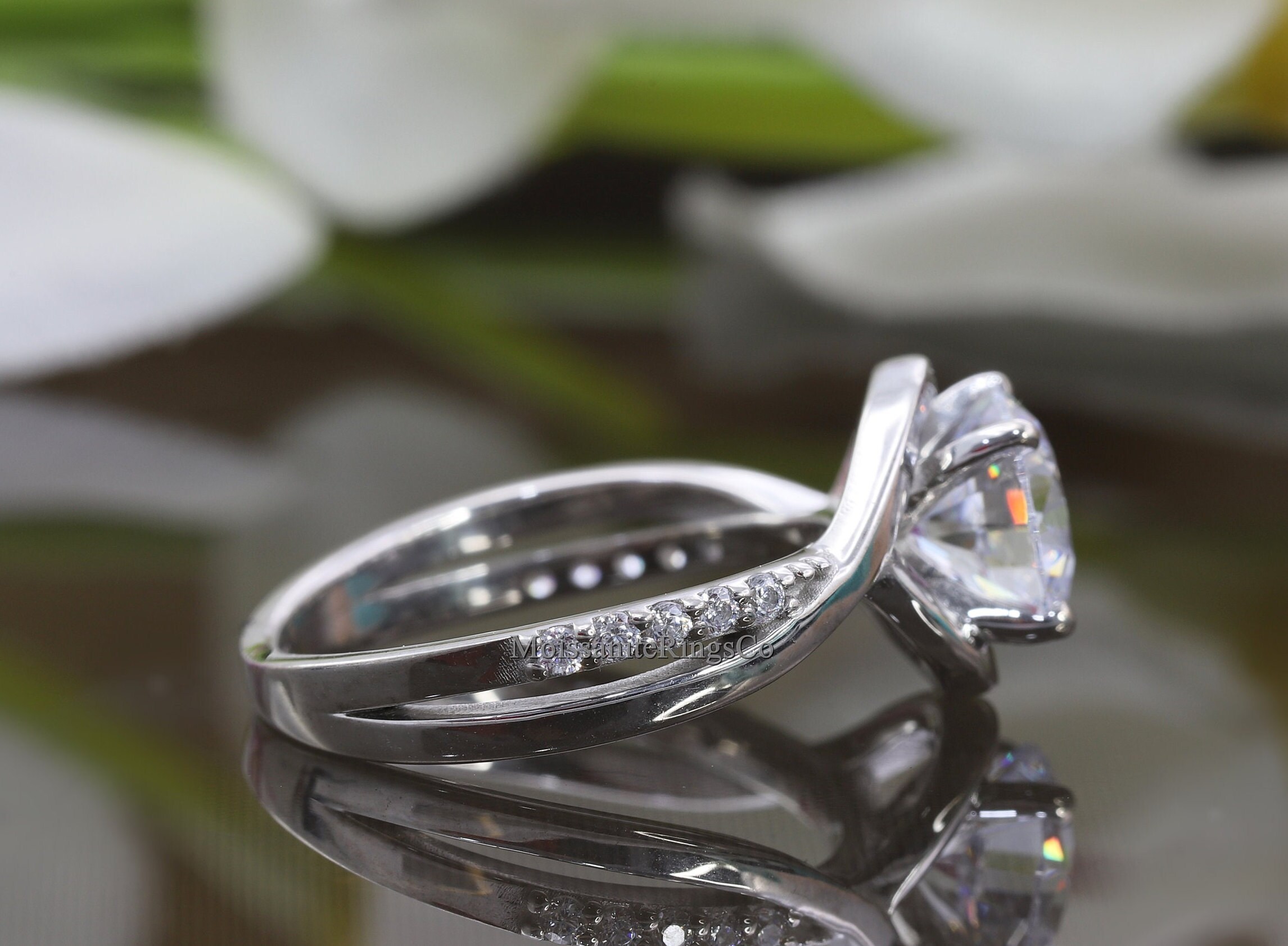 Swirl Bypass Style Bezel Set Ring Solitaire With Accent - Etsy