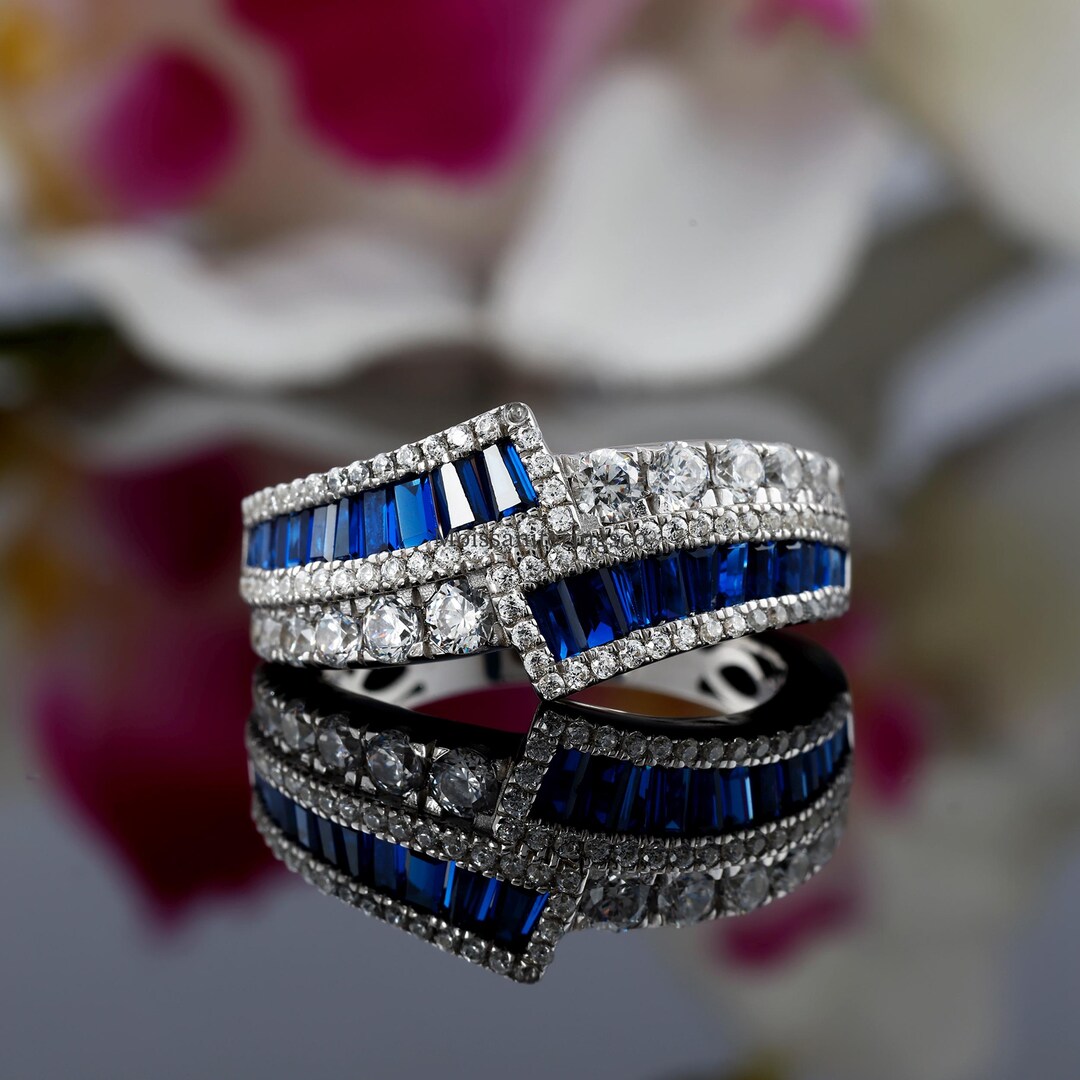 Unique Swirl Bypass Baguette Sapphire & Round Diamond Promise Ring ...