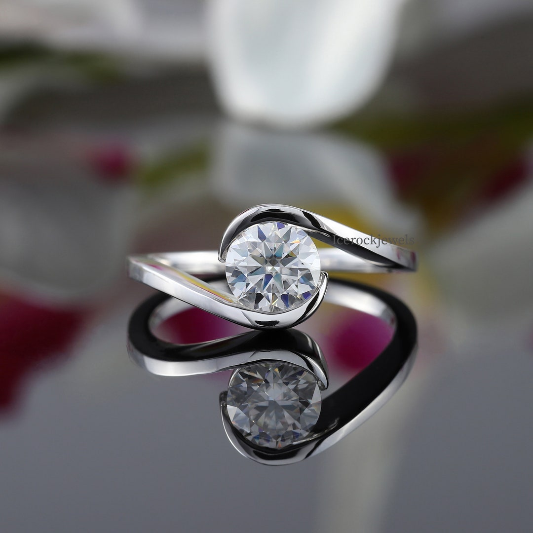 Swirl Bypass Ring, Solitaire Ring, Tension Set Ring, 1CT Round Cut ...
