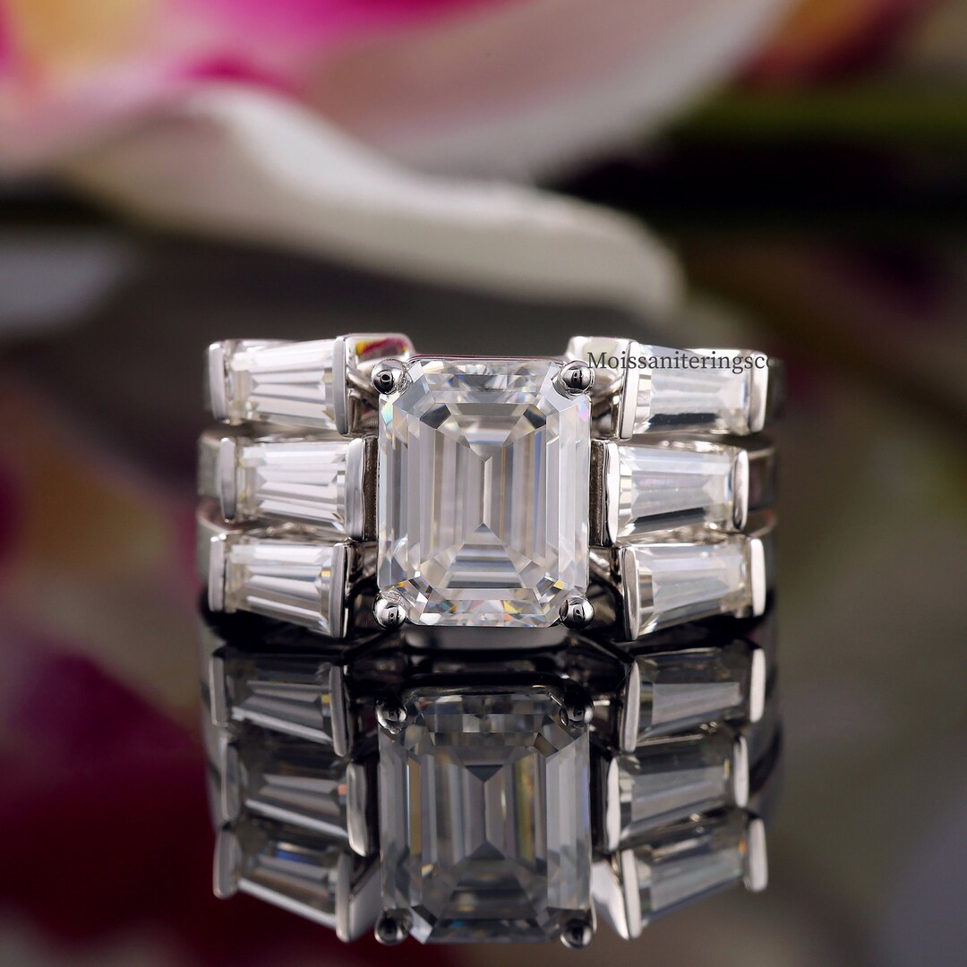 Three Stone Bridal Ring Set, Trio Bridal Ring Set With Two Matching ...