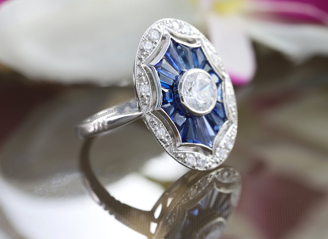 Vintage Art Deco Ring Round & Blue Sapphire Diamond Ring | Etsy