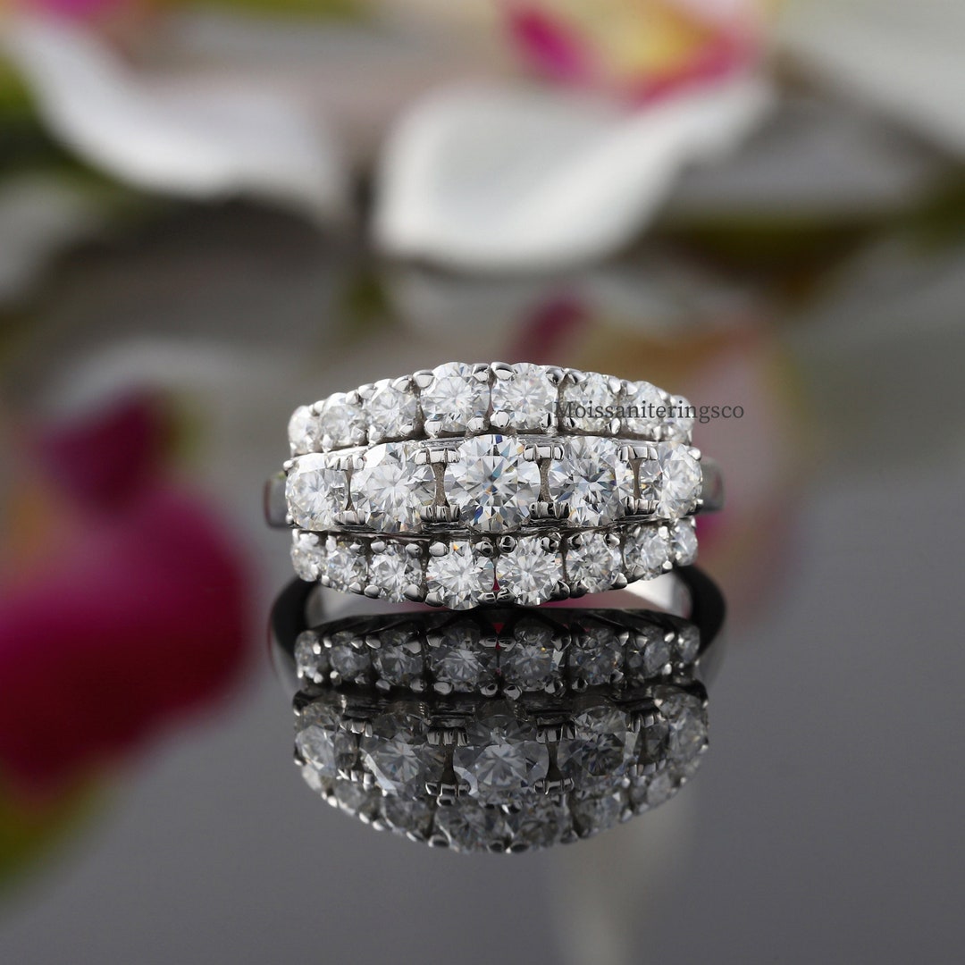 Three Row Moissanite Band, Round Moissanite Engagement Band, Triple Row ...