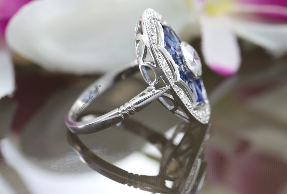 Vintage Art Deco Ring Round & Blue Sapphire Diamond Ring | Etsy