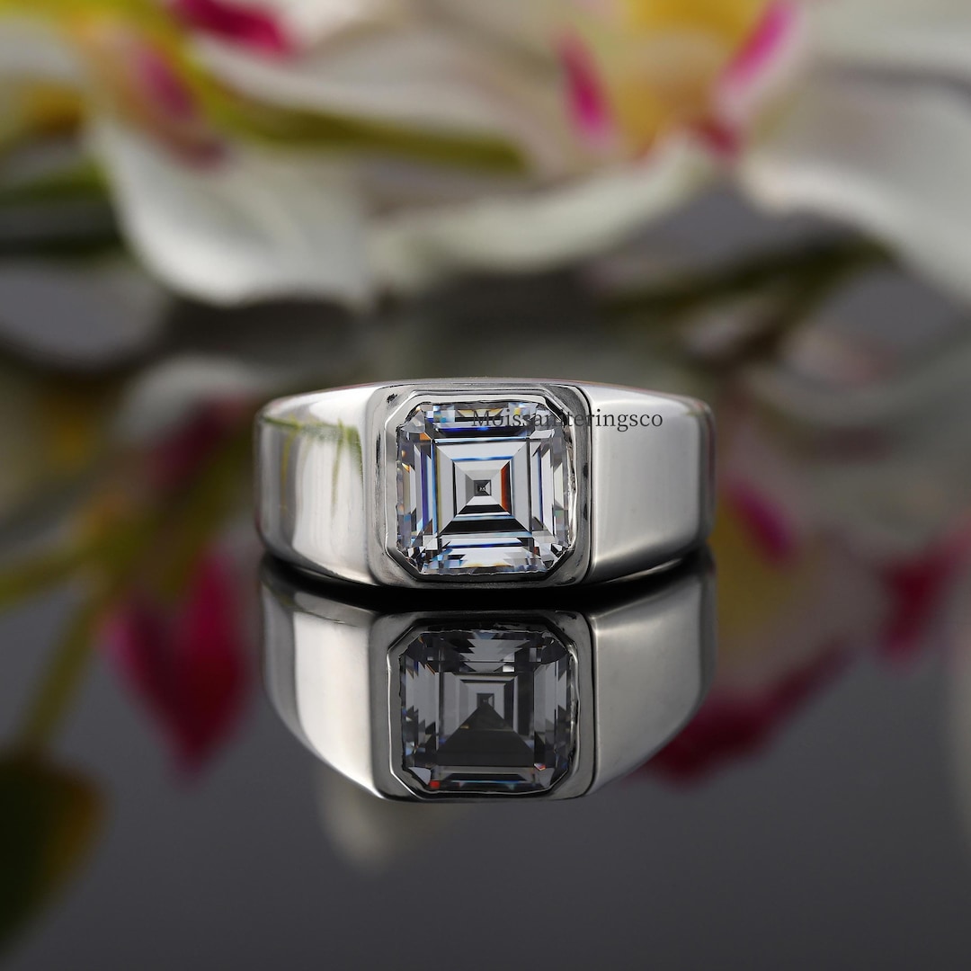 3.78CT Asscher Cut Moissanite Men's Ring, Solitaire Engagement Ring, Bezel Set Men's Ring, Wide ...