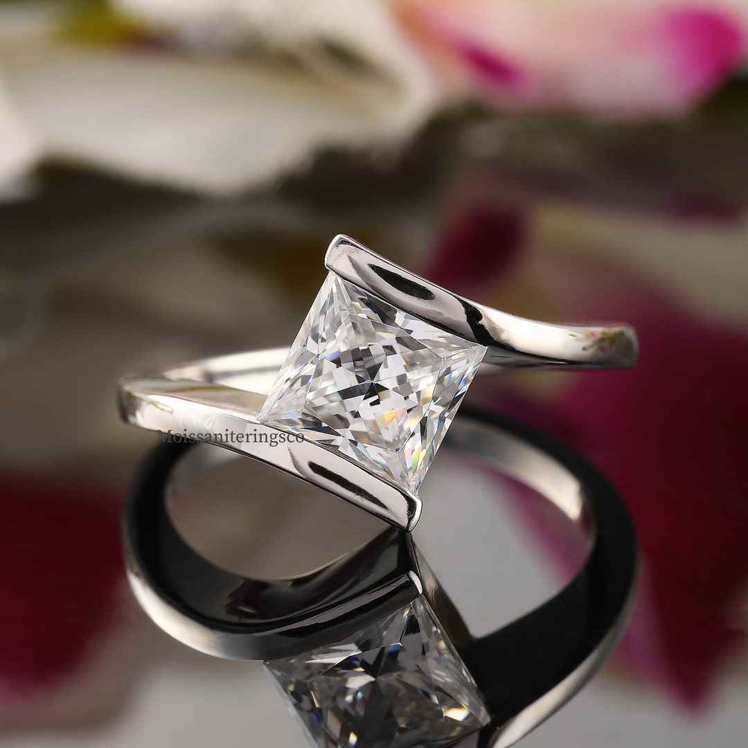Solitaire Princess Moissanite Ring, Bypass Ring, Swirl Tension Set Ring ...