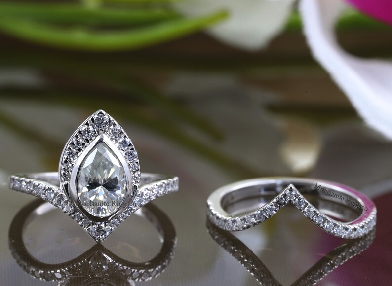 Engagement Wedding Ring Set Pear Cut Diamond Bezel Set - Etsy