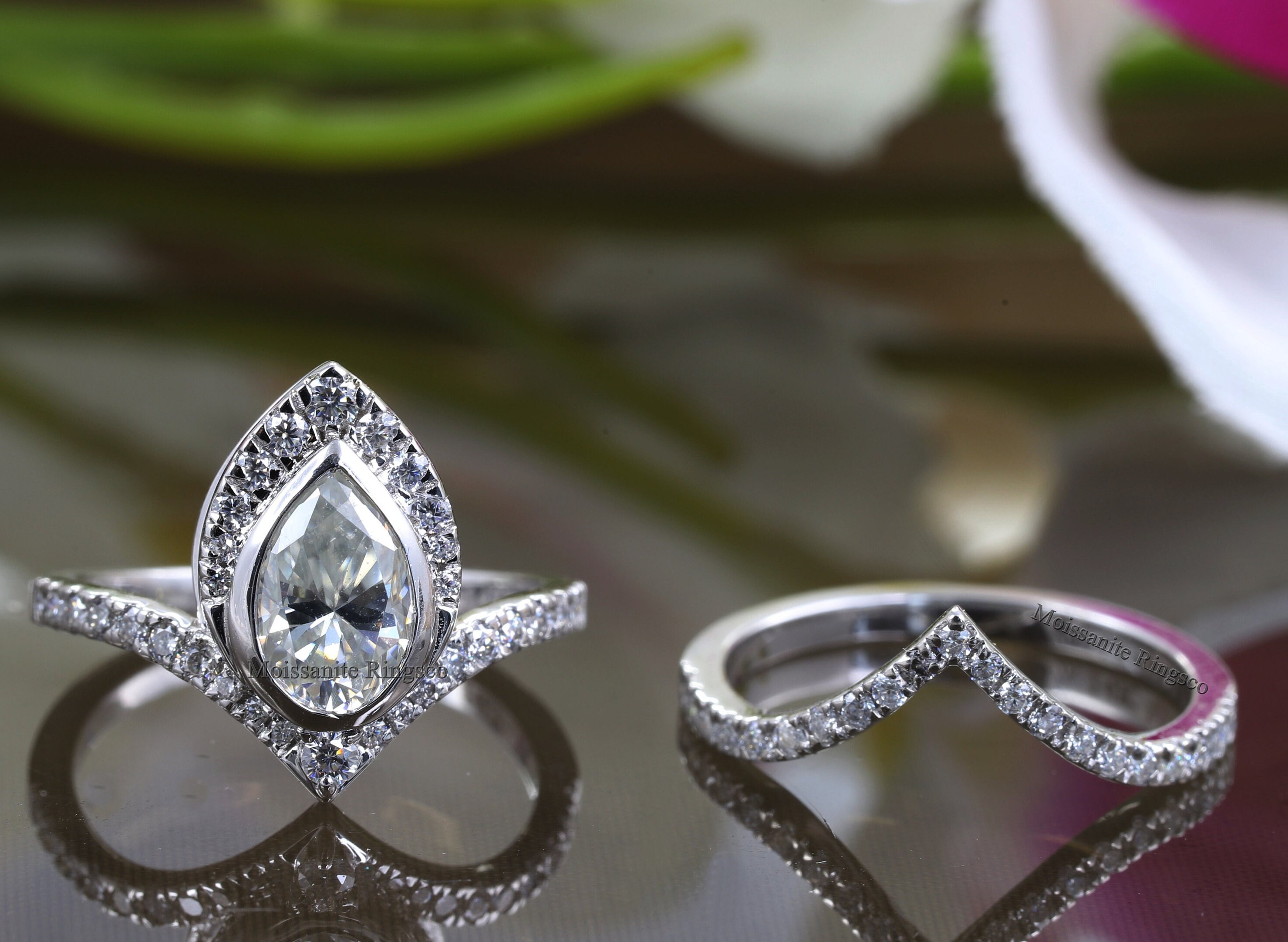 Engagement Wedding Ring Set Pear Cut Diamond Bezel Set - Etsy