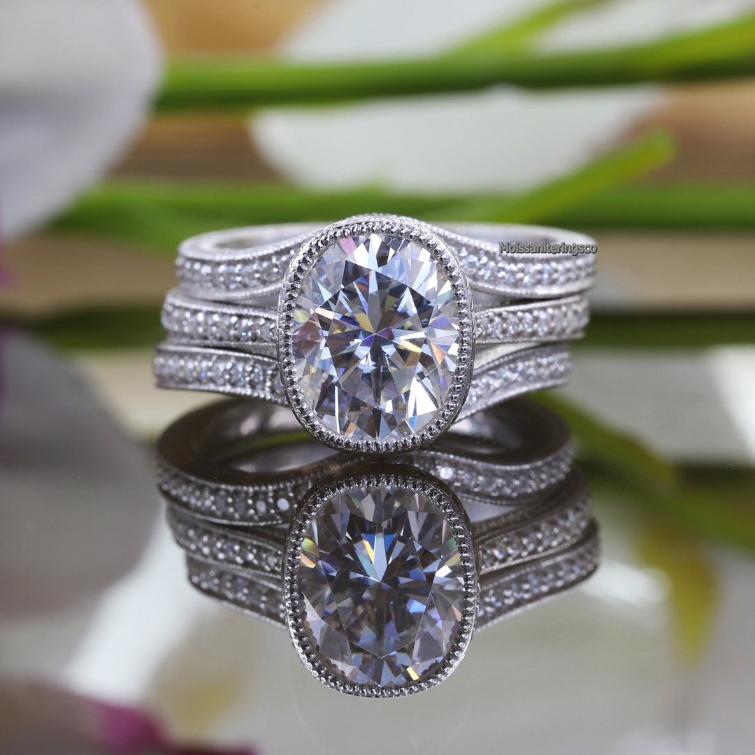 Trio Bridal Ring Set, Elongated Cushion Cut Engagement Ring, Filigree ...