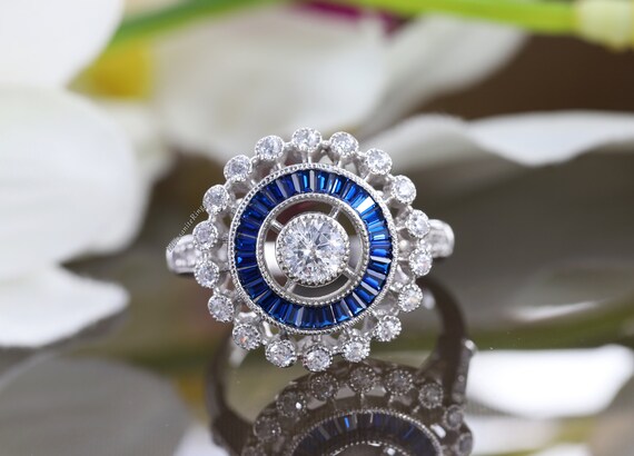 Vintage Art Deco Ring Round & Blue Sapphire Diamond Ring | Etsy