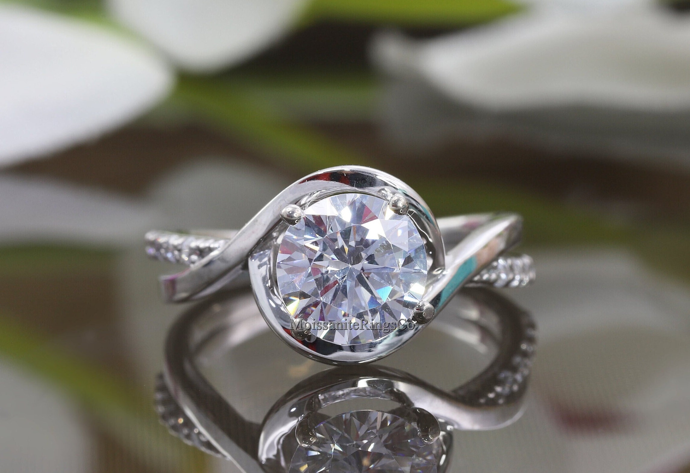 Swirl Bypass Style Bezel Set Ring Solitaire With Accent - Etsy