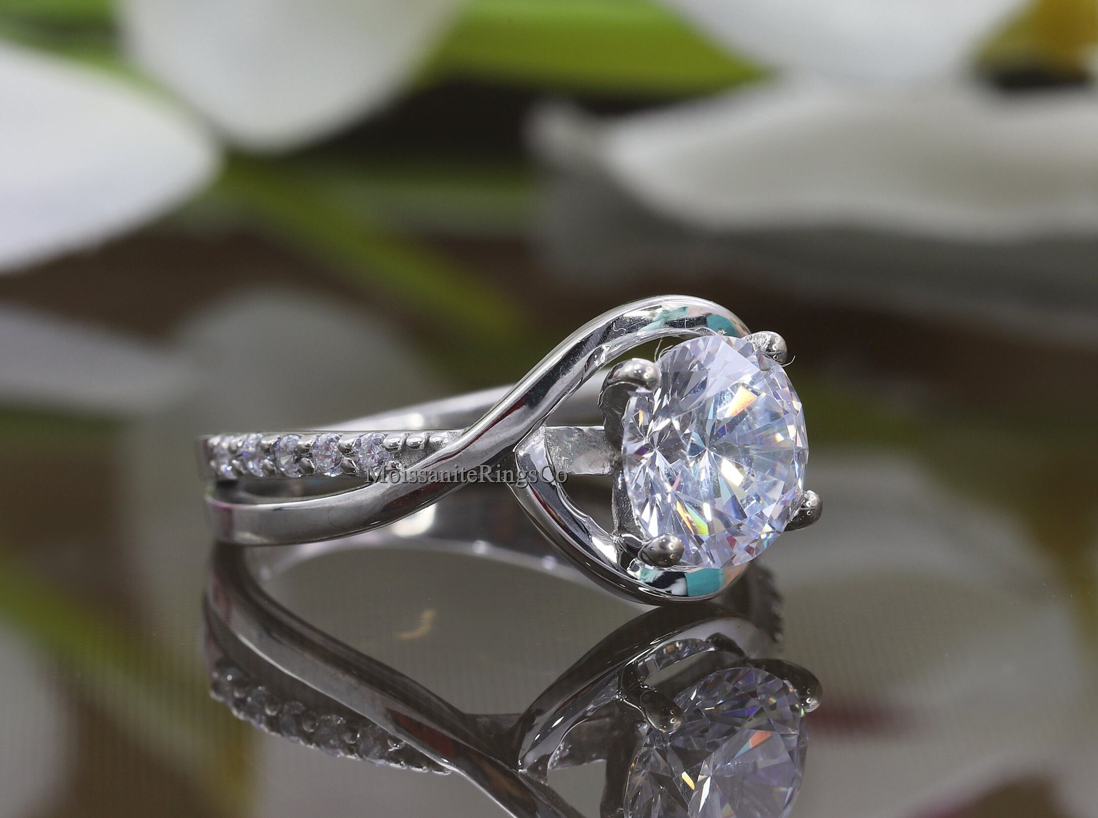 Swirl Bypass Style Bezel Set Ring Solitaire With Accent - Etsy