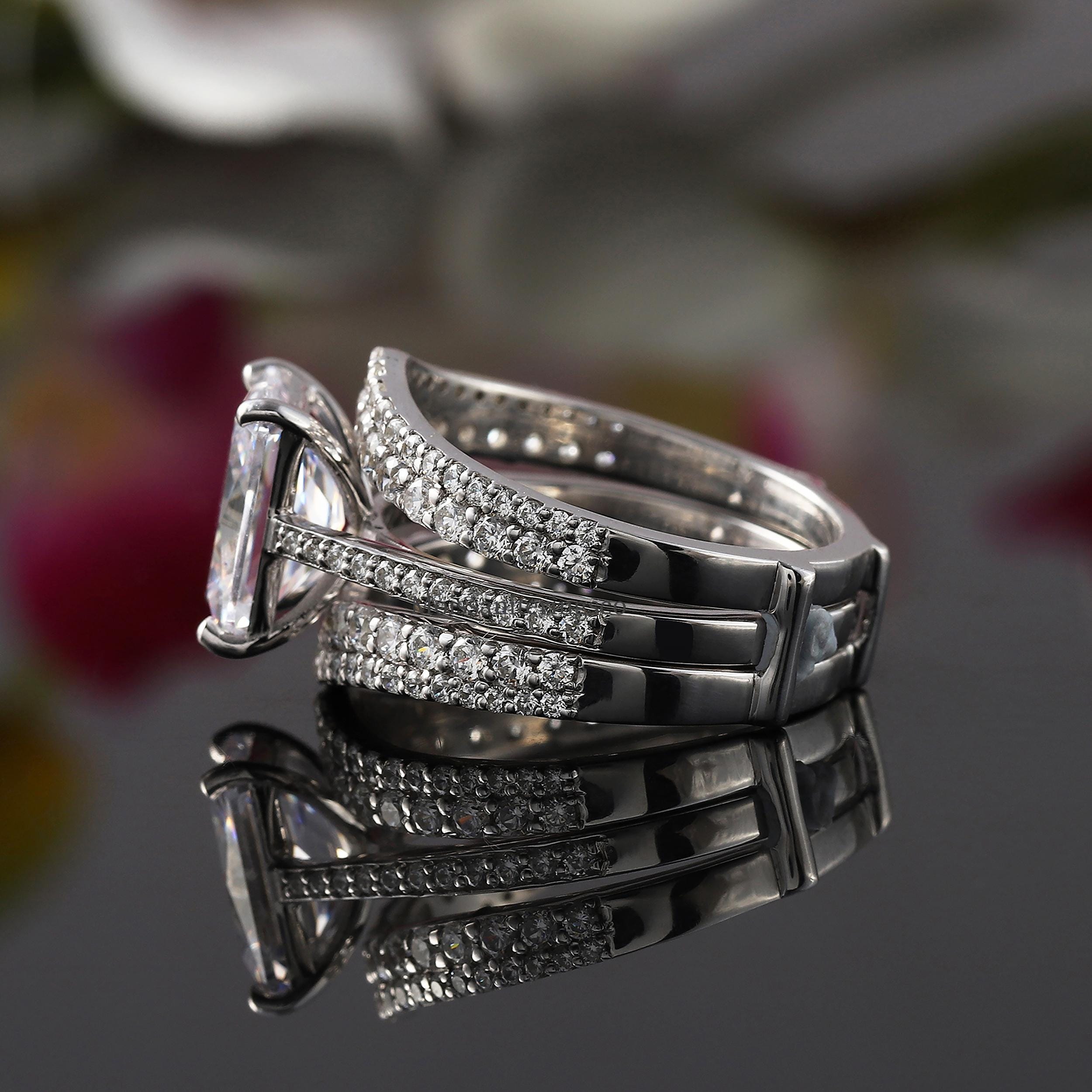 Enhancer Bridal Ring Set, Radiant Cut Moissanite Wedding Ring Set, Trio ...