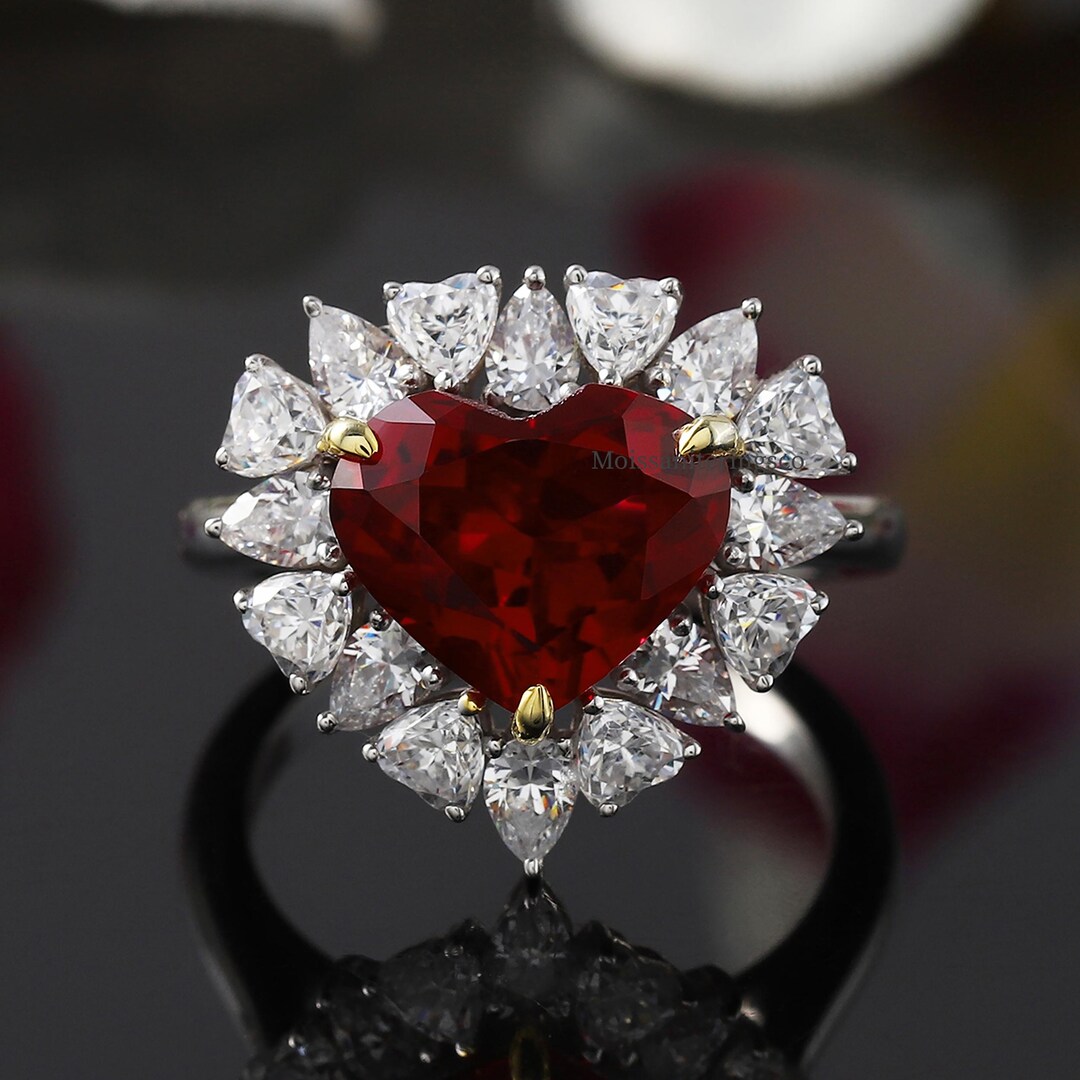 Red Heart Shape Halo Diamond Ring, Love Sign Ring, Multi Shape Diamond ...