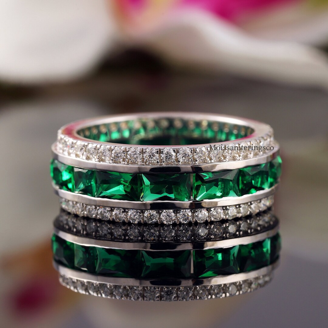 Green Radiant Cut Diamond Band, Emerald Full Eternity Wedding Band ...