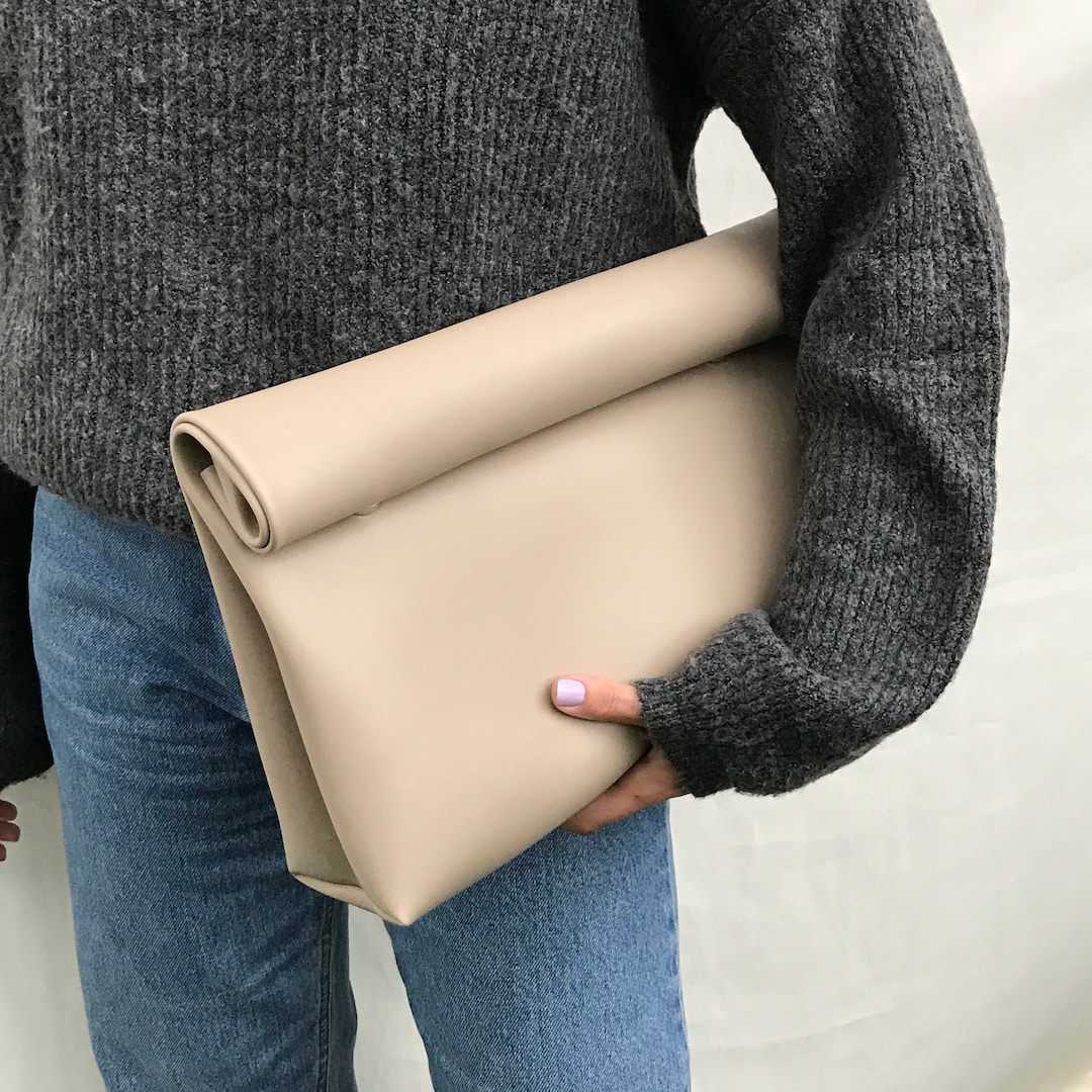 Vegan Leather Fold Over Clutch: Oversized Beige Bag - Etsy