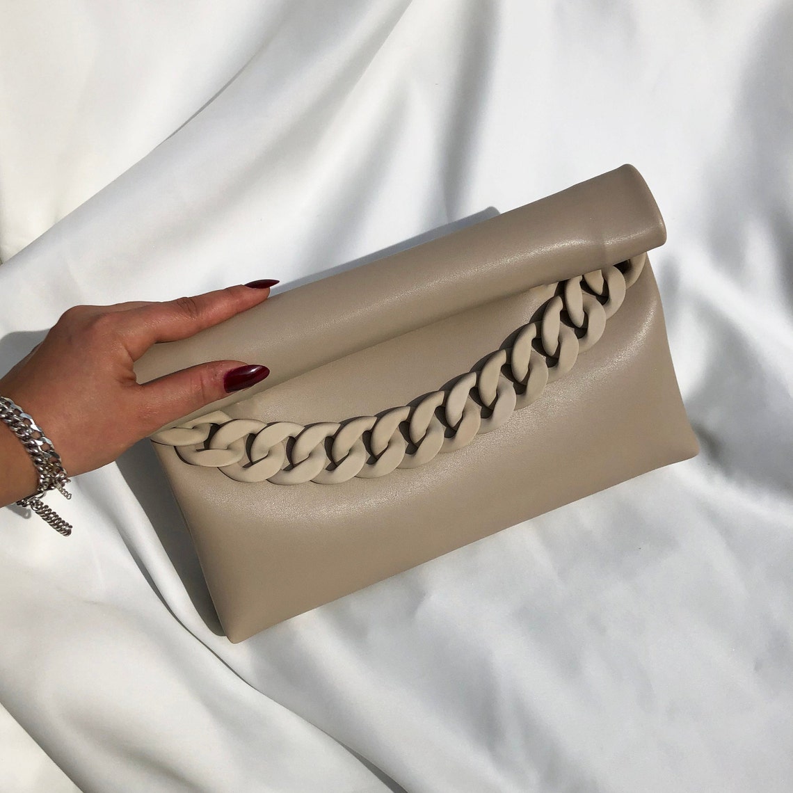 Medium Size Beige Leather Clutch Bag With Acrylic Chain Nude | Etsy UK