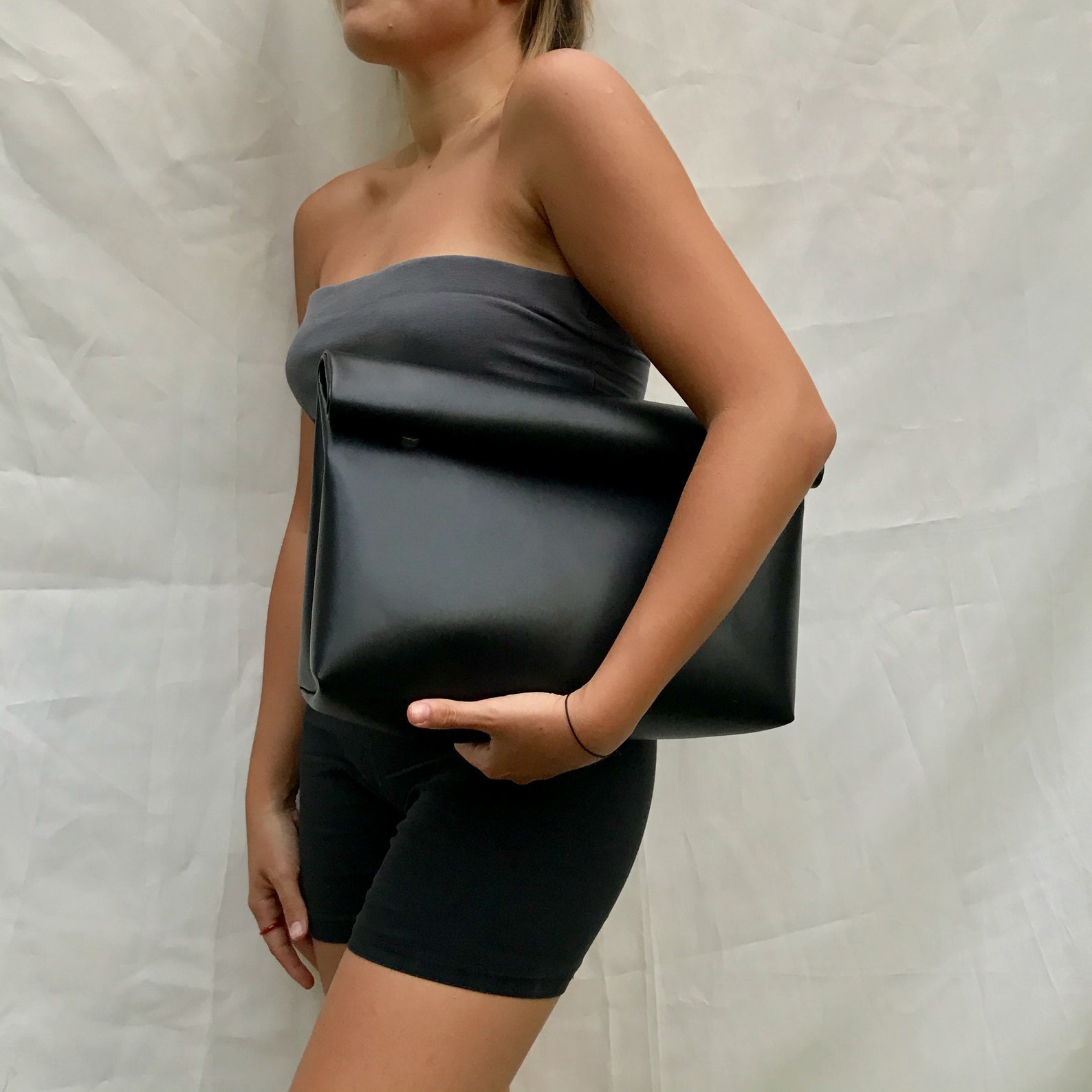 Fold Over Black Vegan Leather Clutch, Black Leather Bag, Fold Over ...