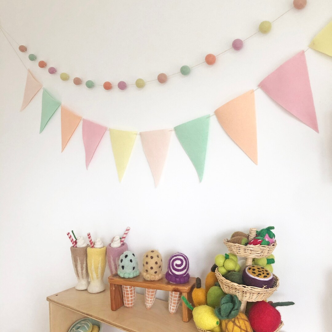 Flag and Felt Ball Bunting, Pastel Rainbow, Flag Bunting, Felt Ball ...
