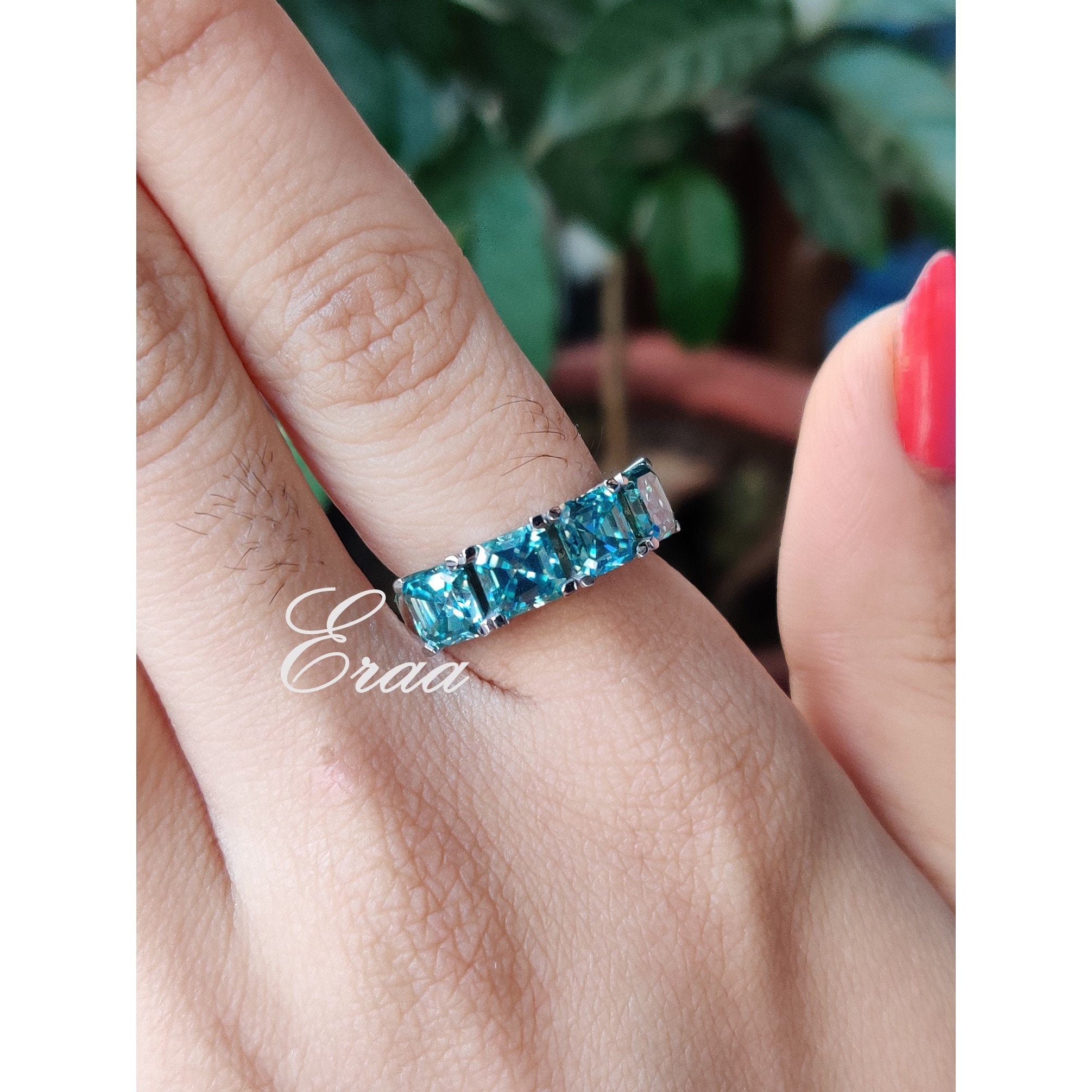 Colored Moissanite Ring / 4.2 CT Blue-Green Asscher Moissanite | Etsy