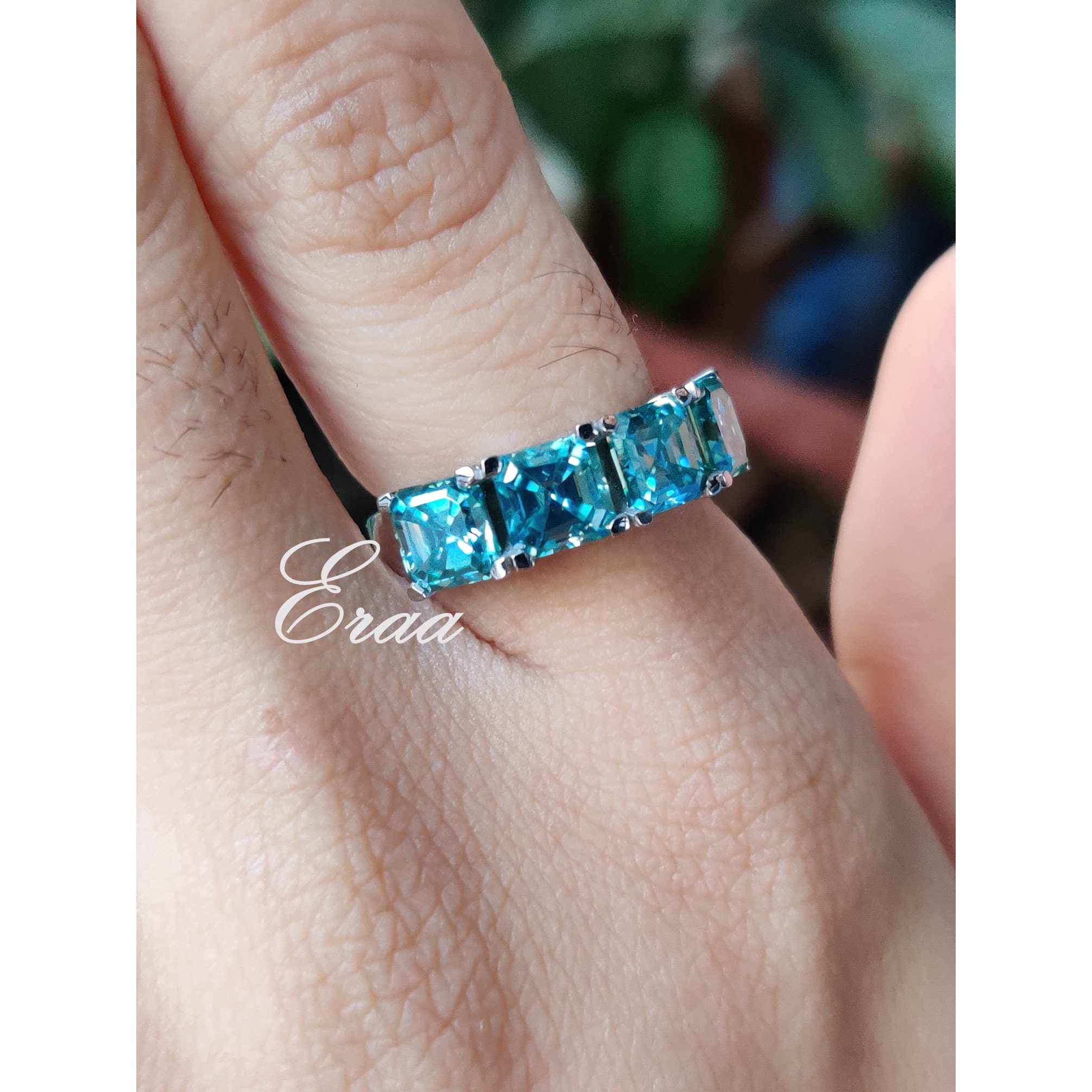 Colored Moissanite Ring / 4.2 CT Blue-Green Asscher Moissanite | Etsy