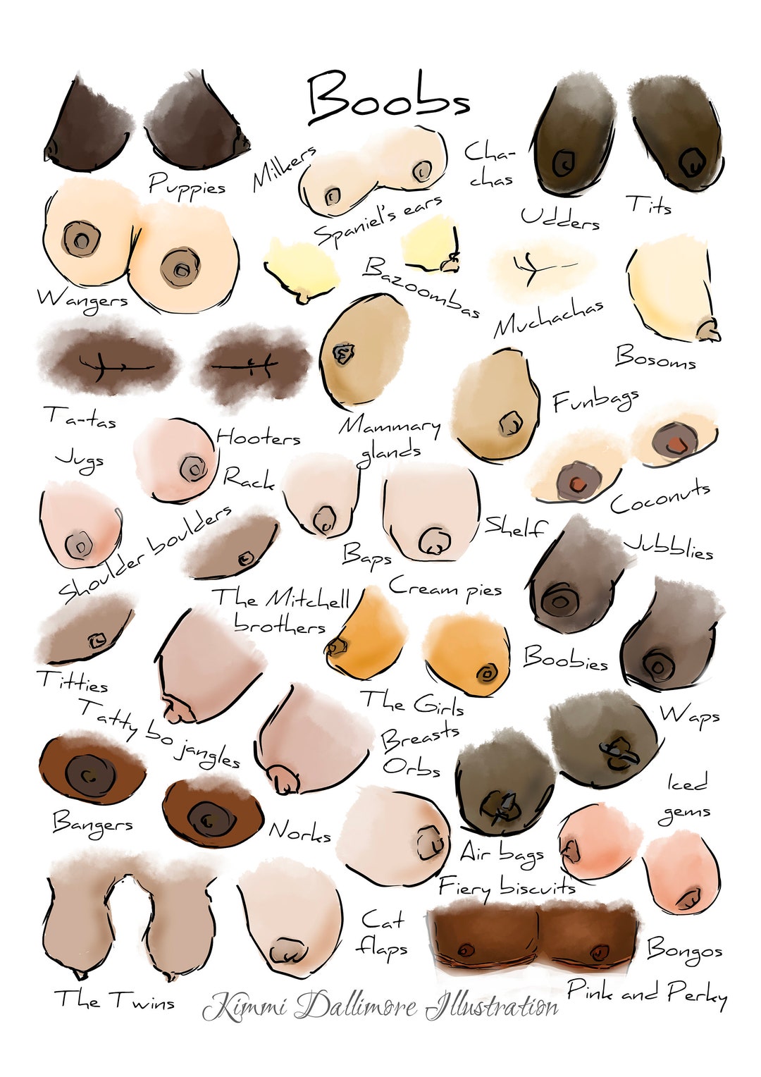 Boobs Illustration Art Print, Breast Artwork, Tits Names, Naked ...