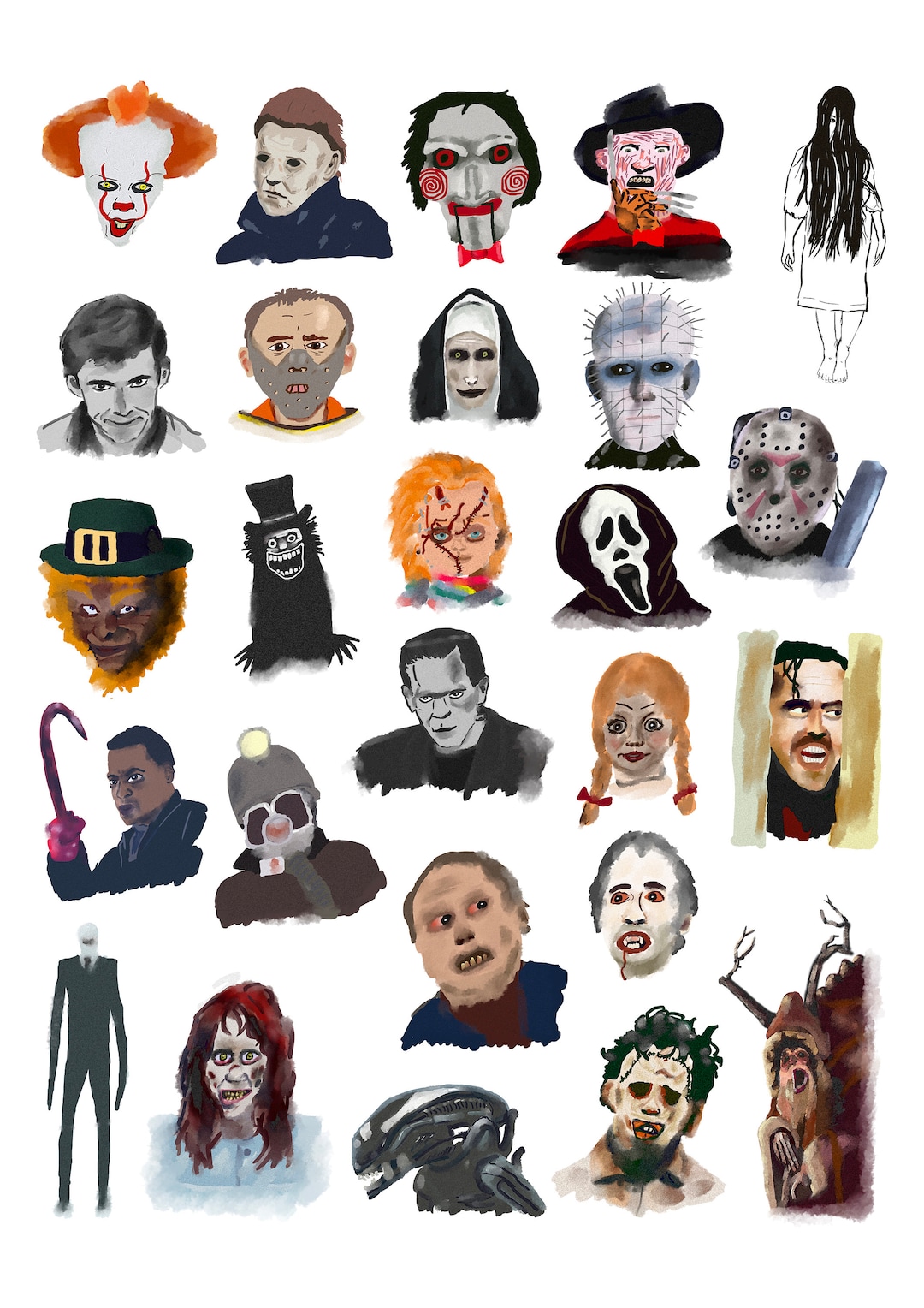 Horror Characters Paintings Art Print A3, Horror Film Portrait Painting ...