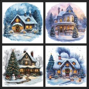 15 Christmas House Clipart Set – Snowy Holiday Homes With Lights ...