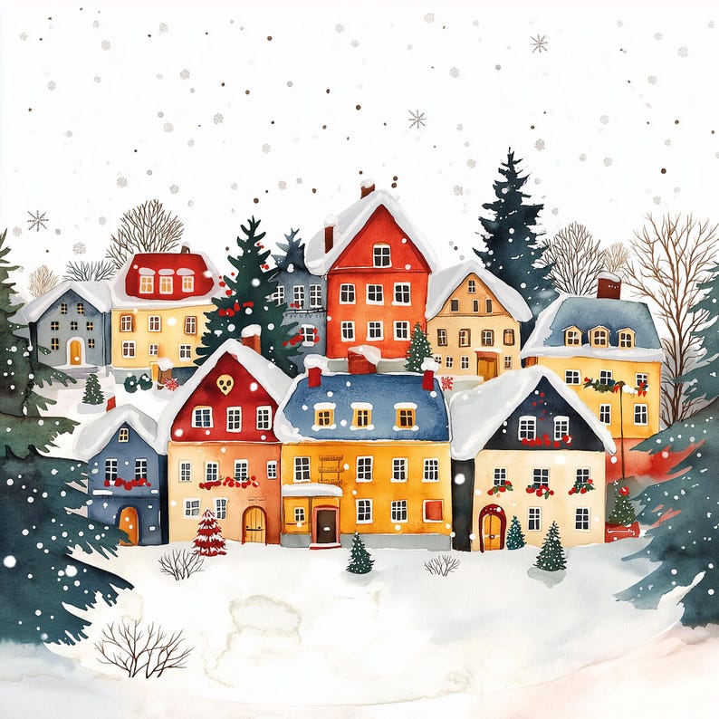 Christmas Village Clipart Set Festive Watercolor Houses PNG Winter ...