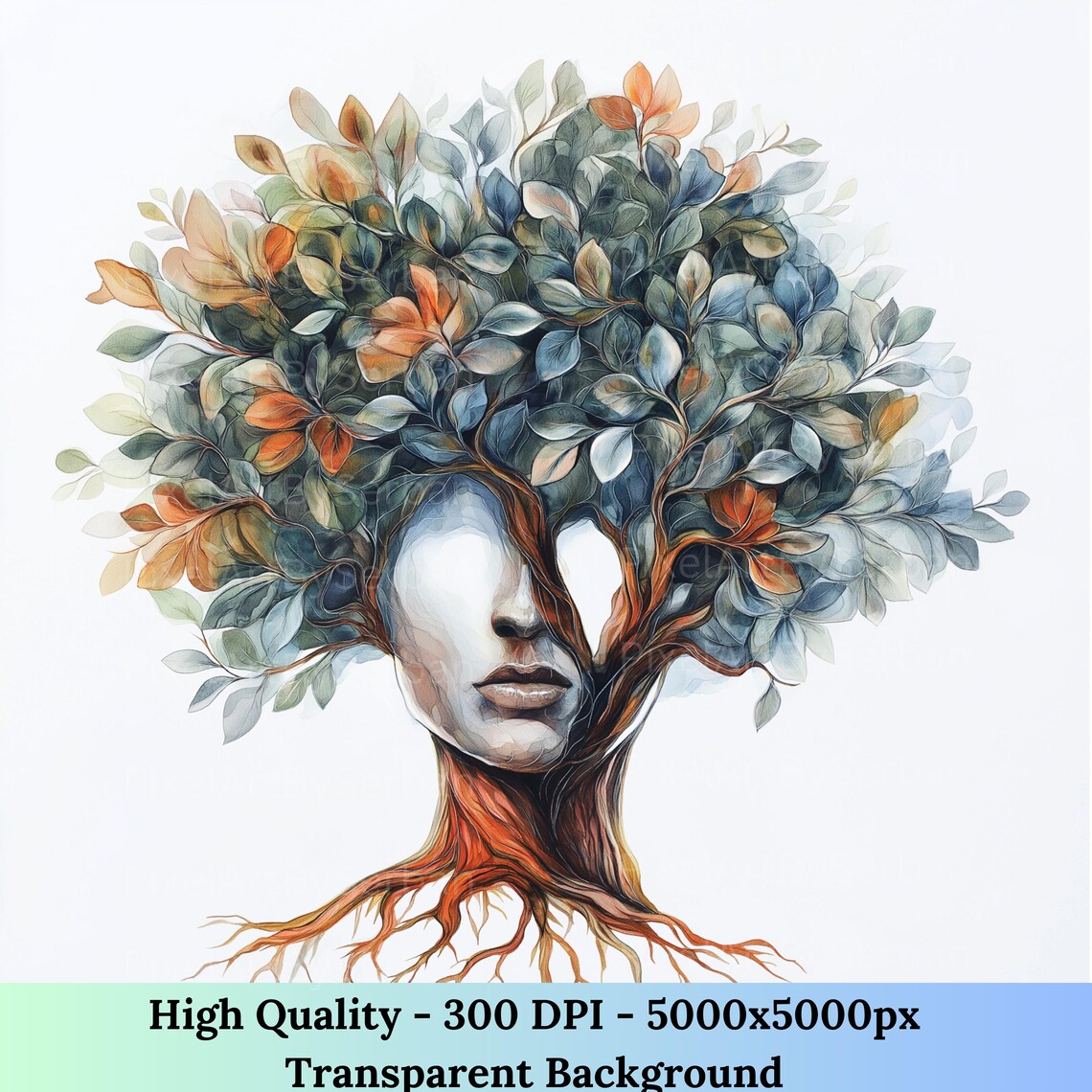 15 Watercolor Tree Cliparts, Woman Face Tree Crowns, Feminine Tree Art ...