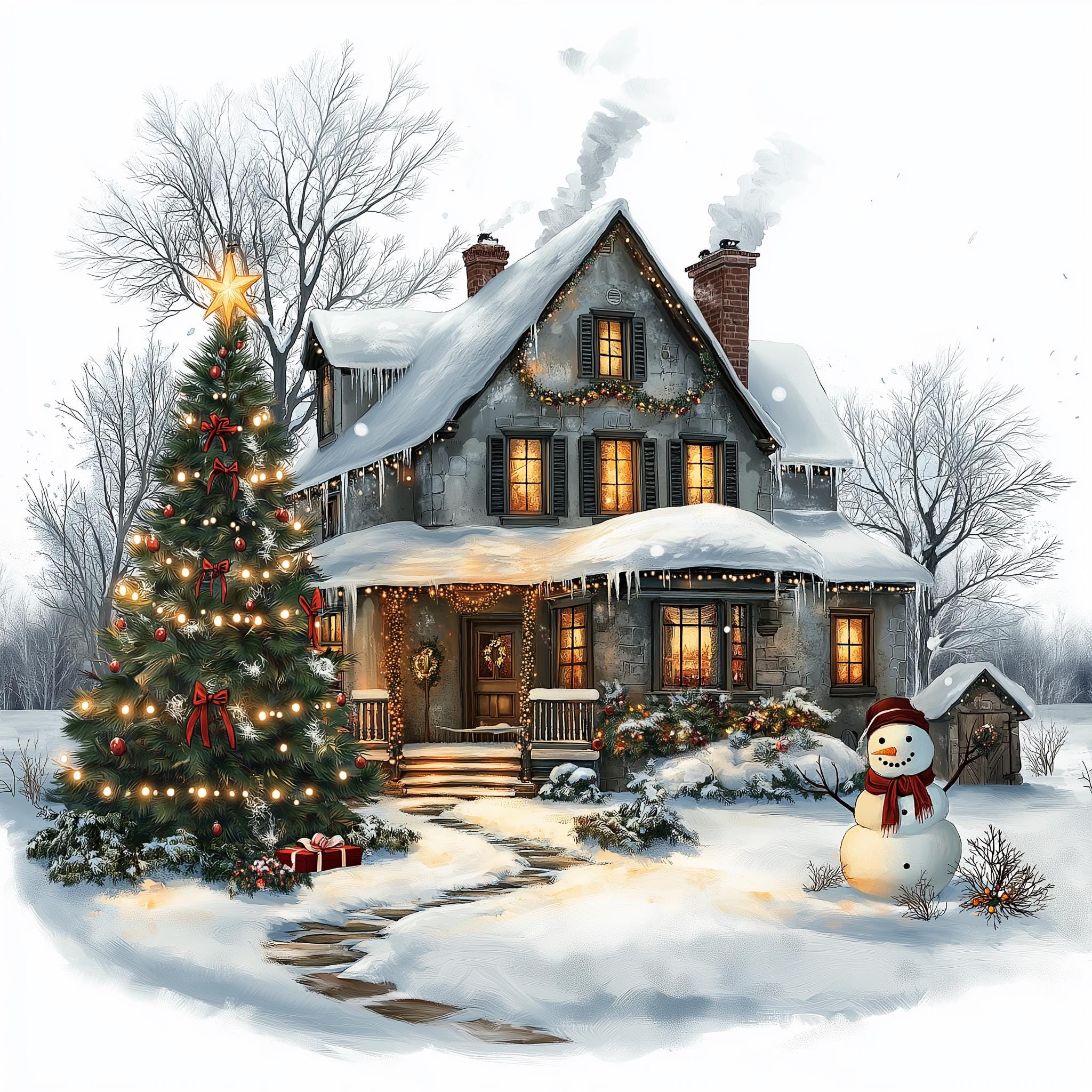 15 Christmas House Clipart Set – Snowy Holiday Homes With Lights ...