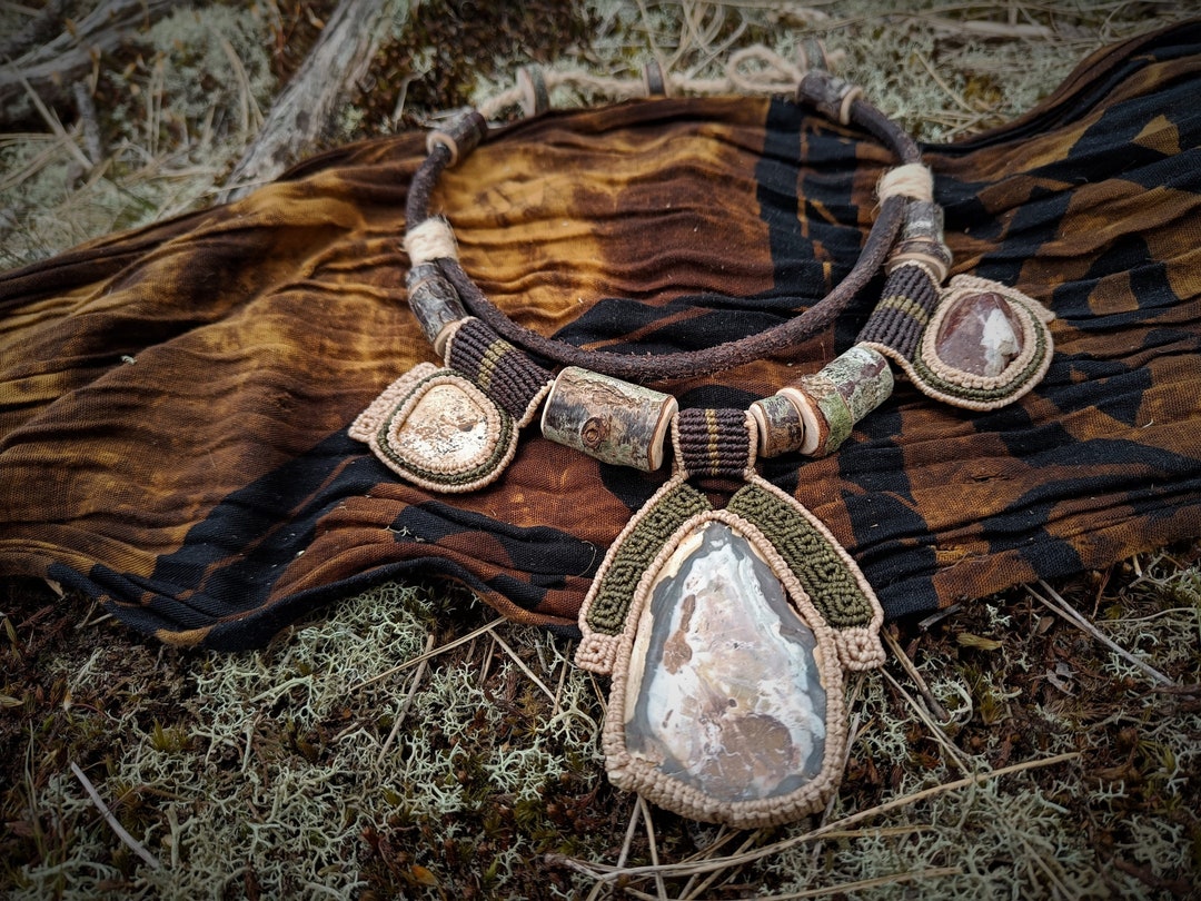 Handmade Micro Macrame Fossilezed Stone Statement Necklace - Etsy