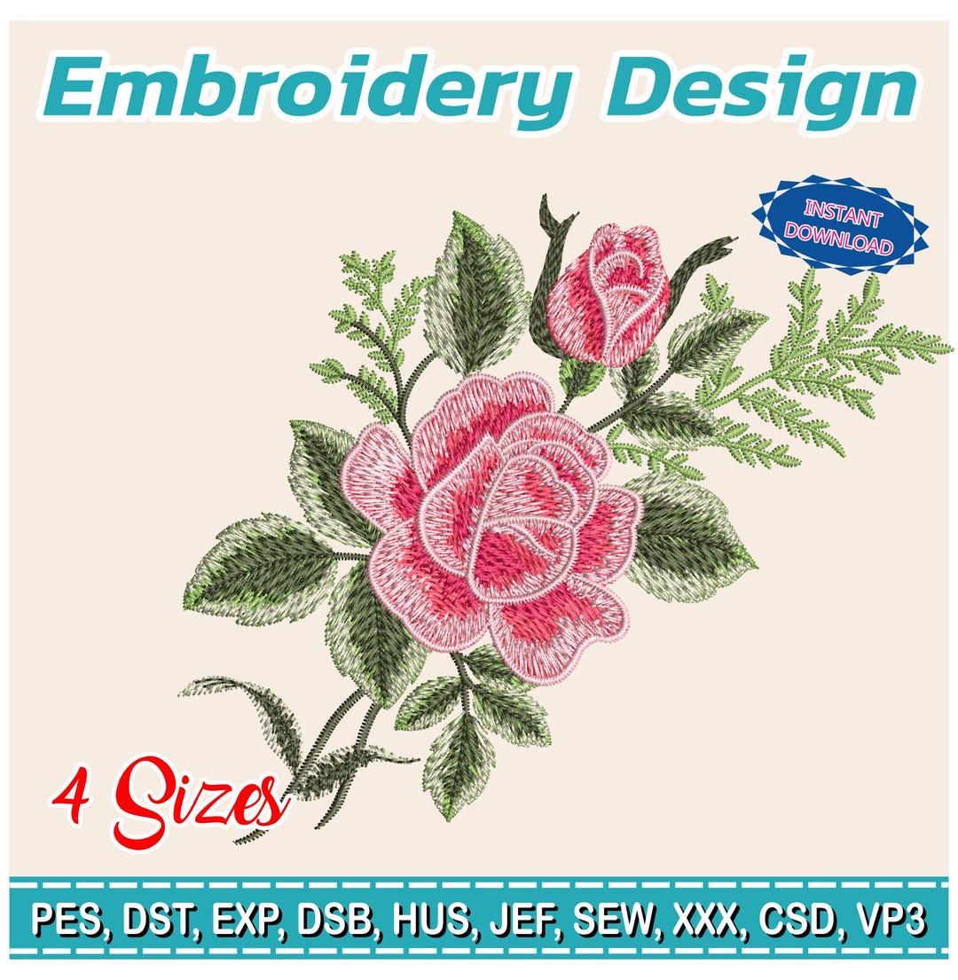 Pink Rose Embroidery Design | Realistic Floral Machine Embroidery ...
