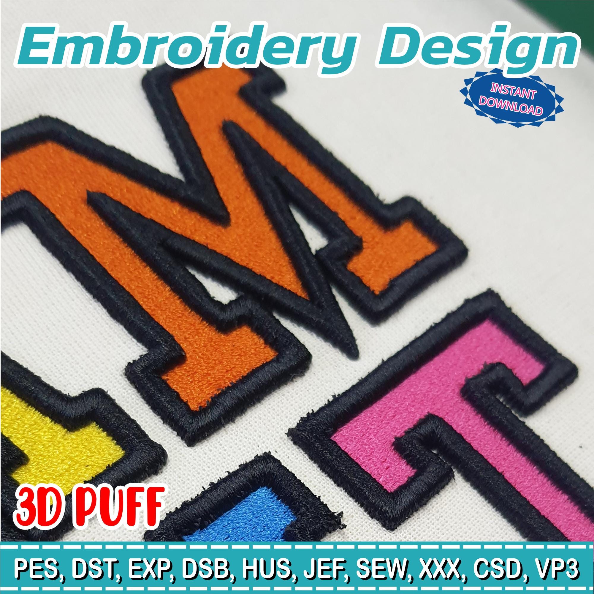 3D Puff Embroidery Letters | Fun and Colorful Varsity Font | Easy to ...