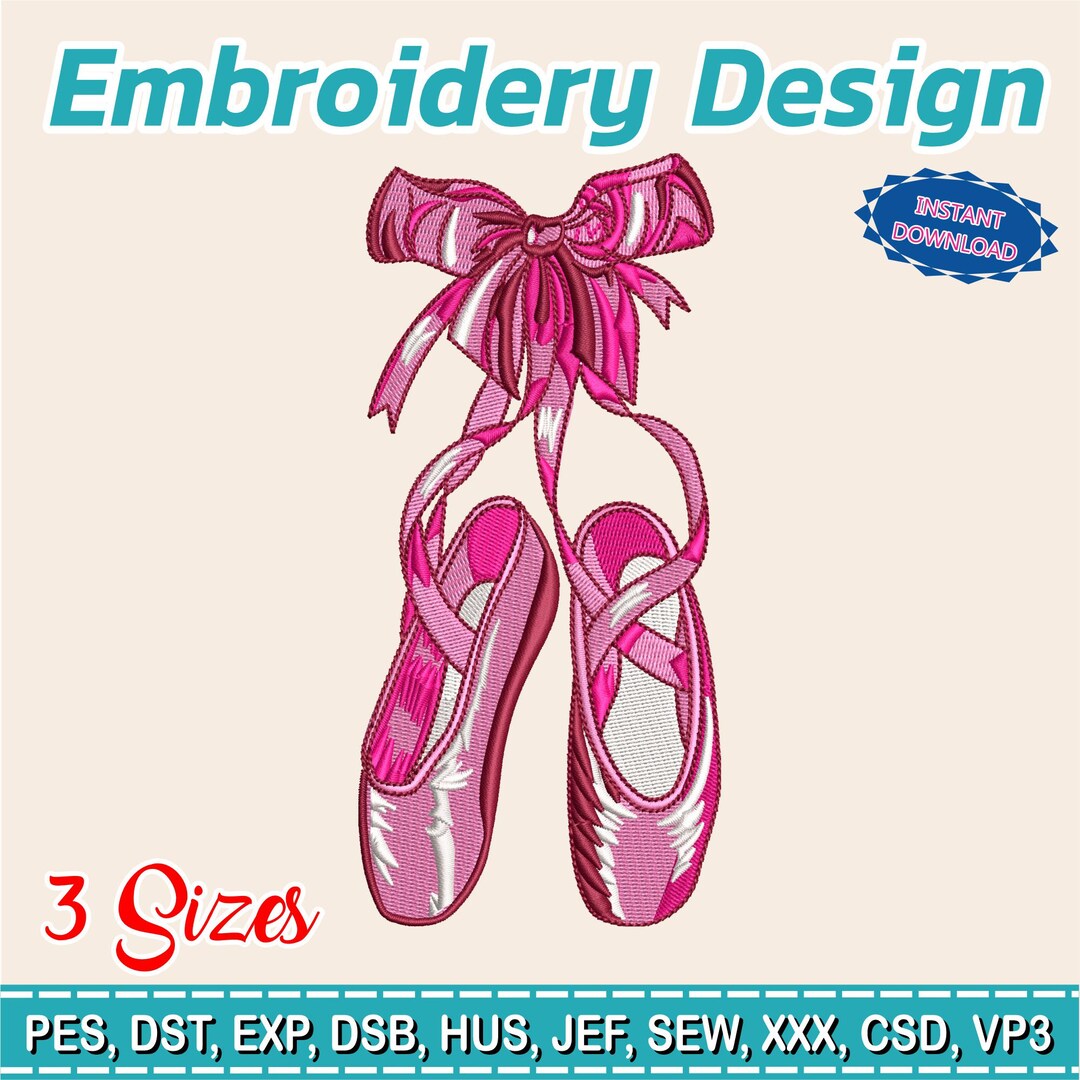 Ballet Slippers Embroidery Design | Pink Ballet Shoes With Bow | Dance ...