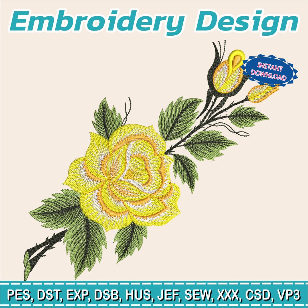 Bright Yellow Rose Embroidery Design With Detailed Petals, Buds and ...