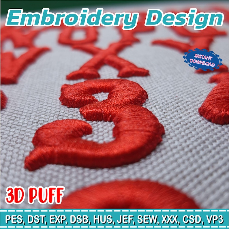 3D Puff Foam Embroidery Alphabet & Numbers | Bold 3D Font for Caps and ...