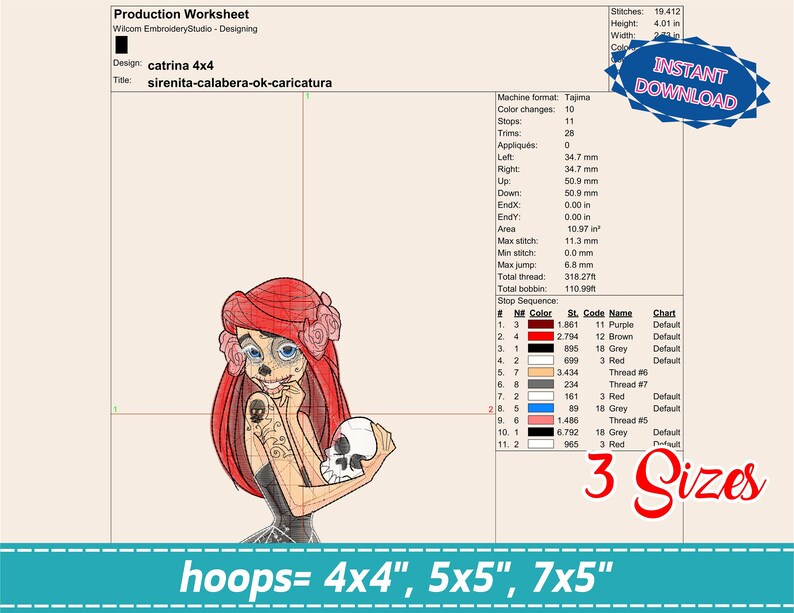 Design to Embroider, Ariel, Catrina, Halolowin, Halloween, Red Hair ...