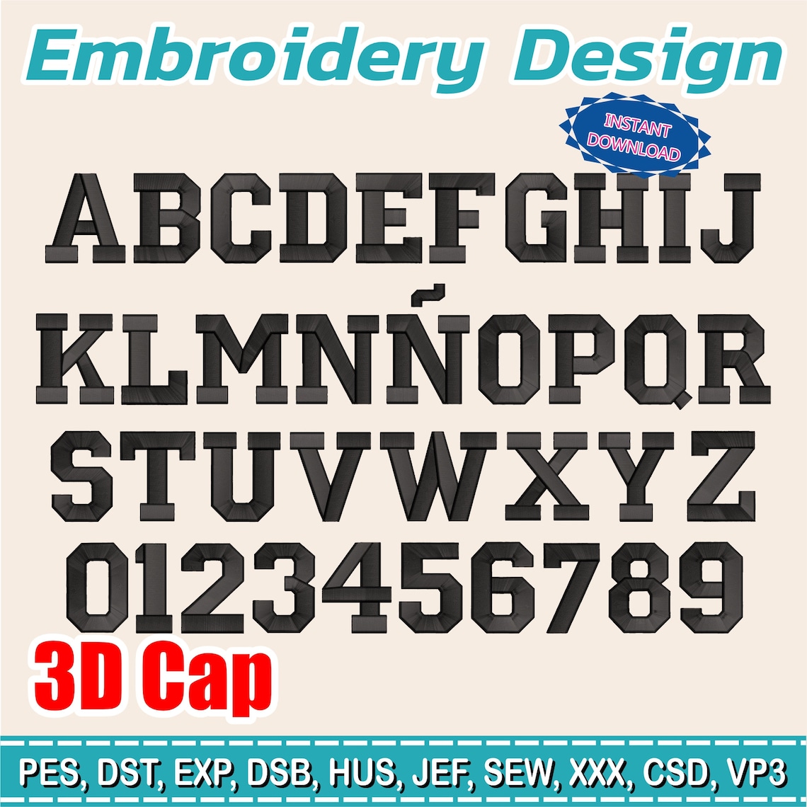 3D Puff Cap Embroidery Font | Bold Block Letters Alphabet | Machine ...