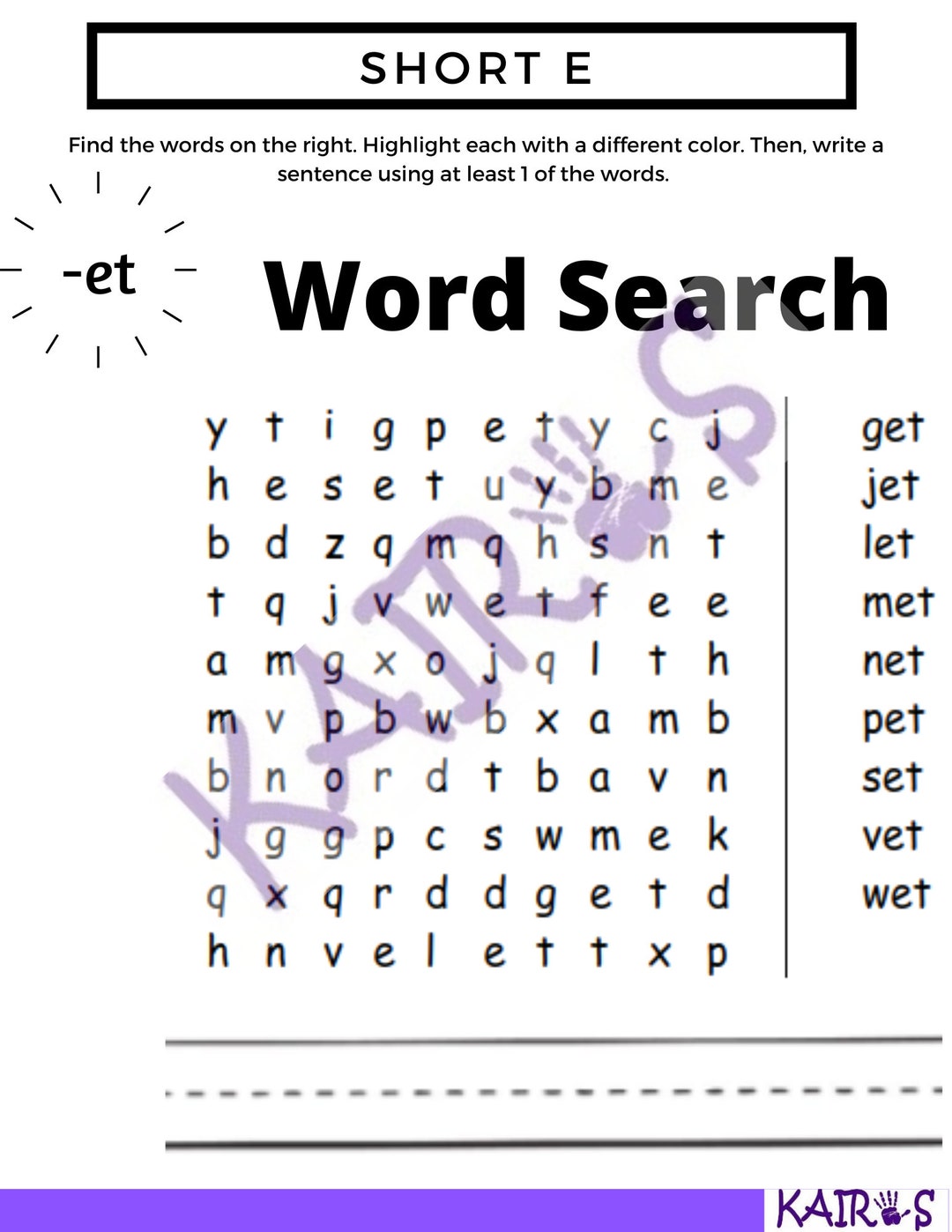 Short E Word Family Word Search Worksheets - Etsy