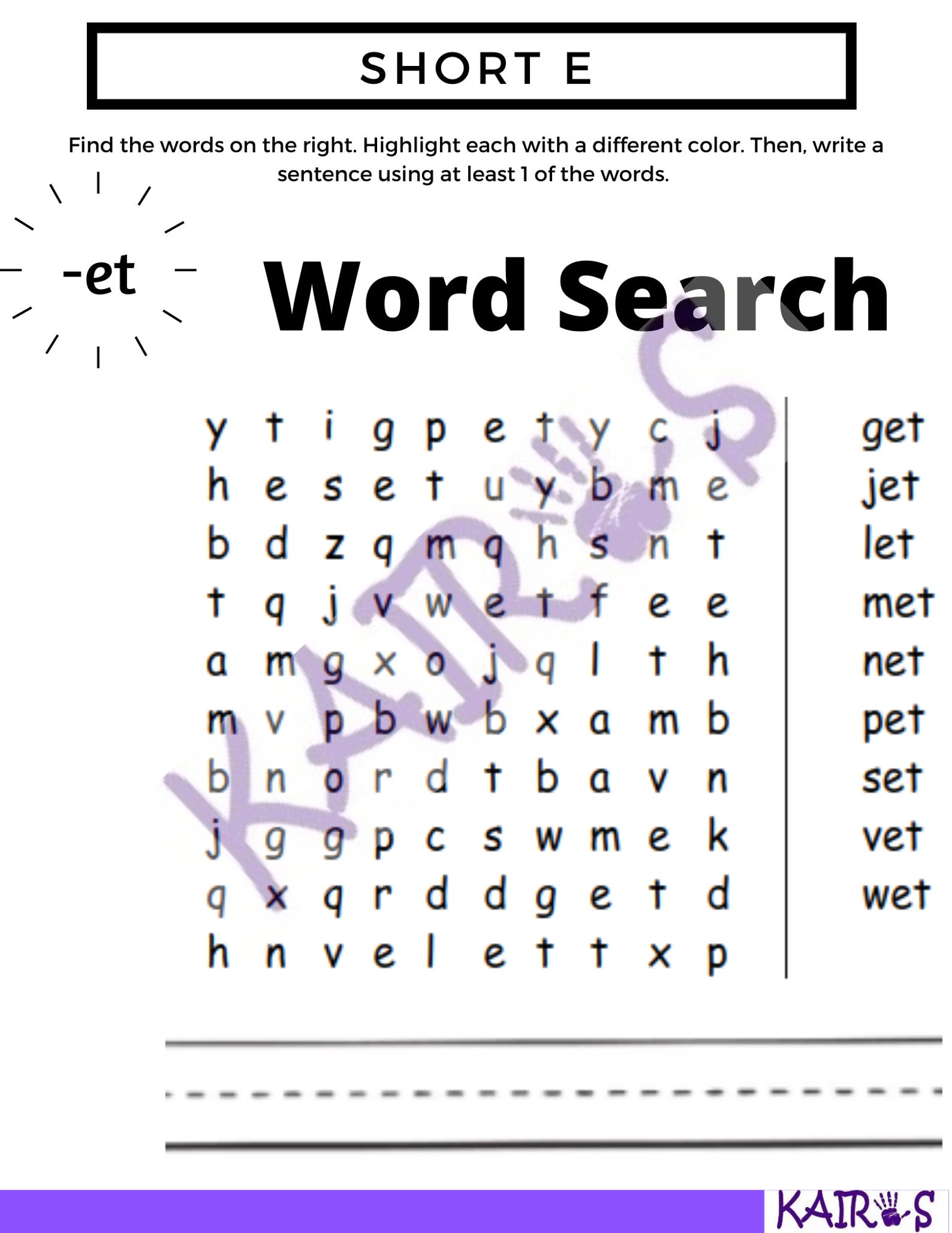 Short E Word Family Word Search Worksheets - Etsy