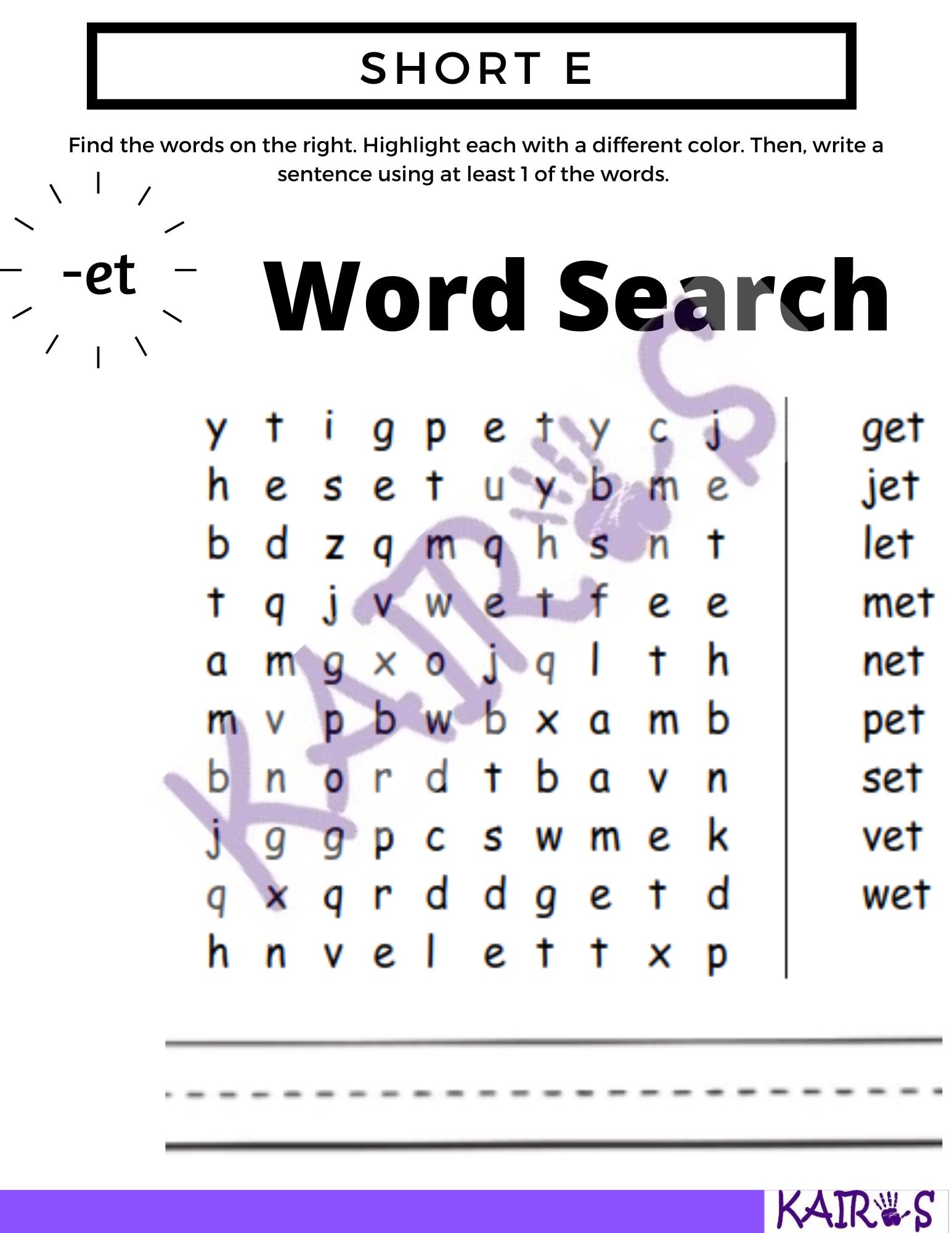 Short E Word Family Word Search Worksheets - Etsy