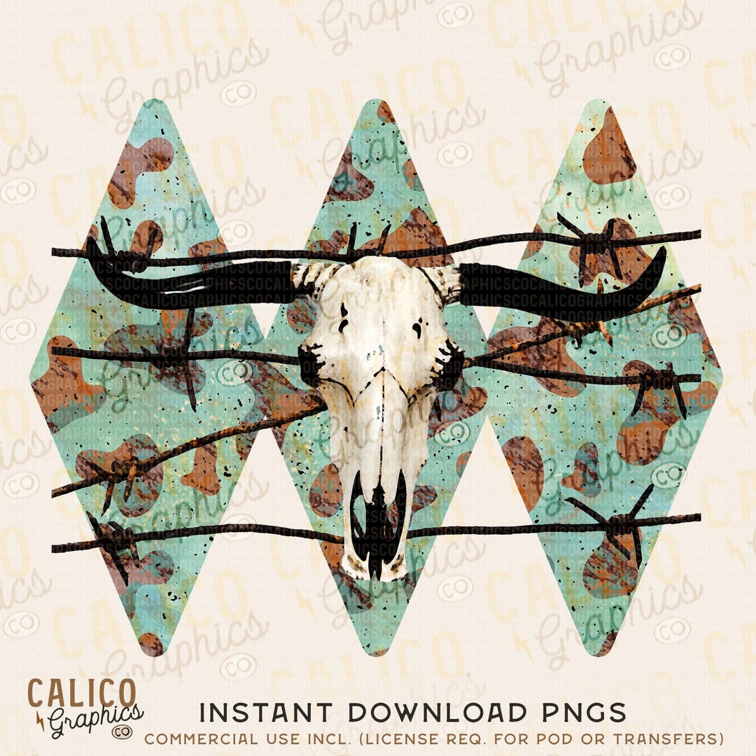 Cow Skull Barb Wire Turquoise Leopard Print Western Instant Digital ...