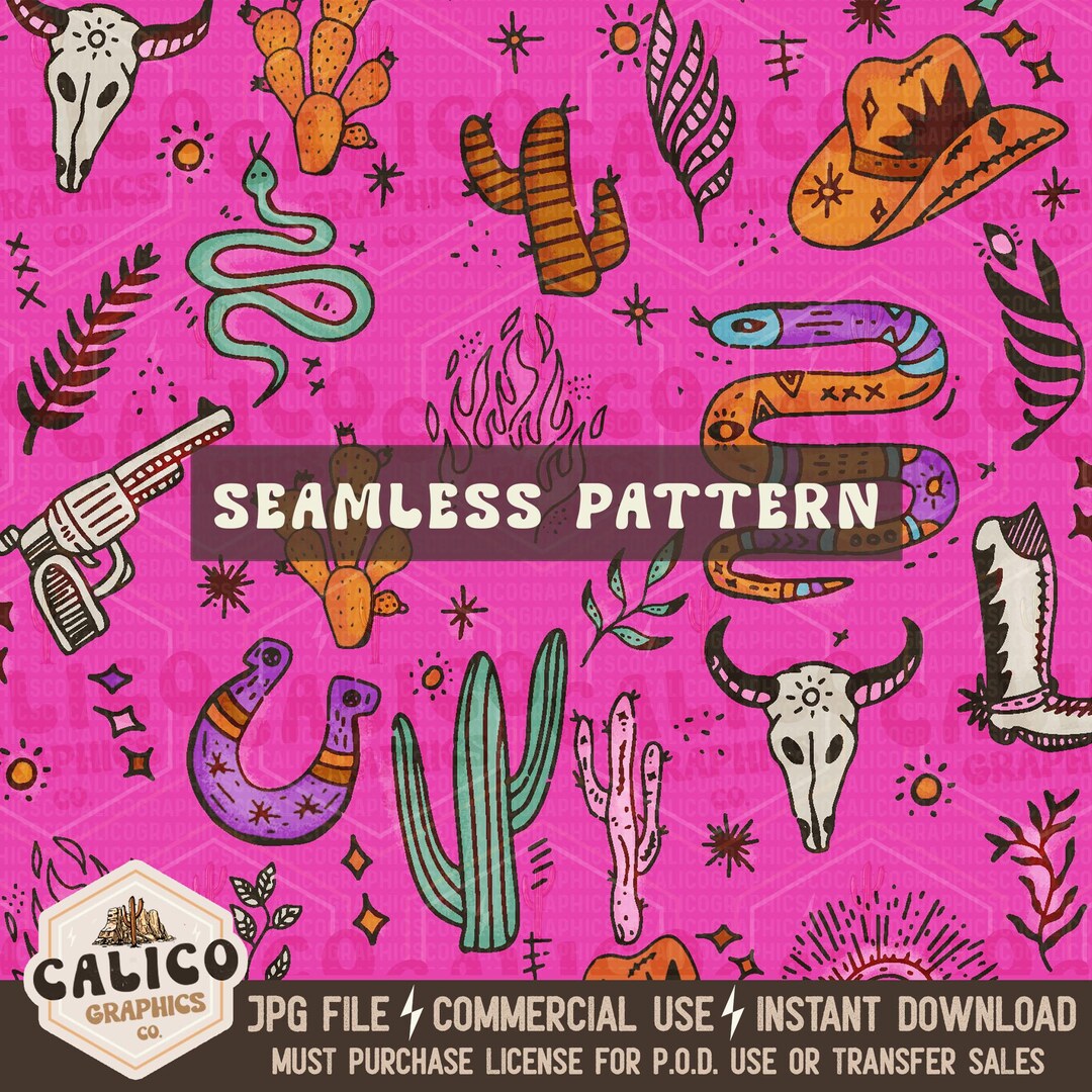 Pink Cow Skull Seamless Pattern Western Instant Digital Download Trendy ...