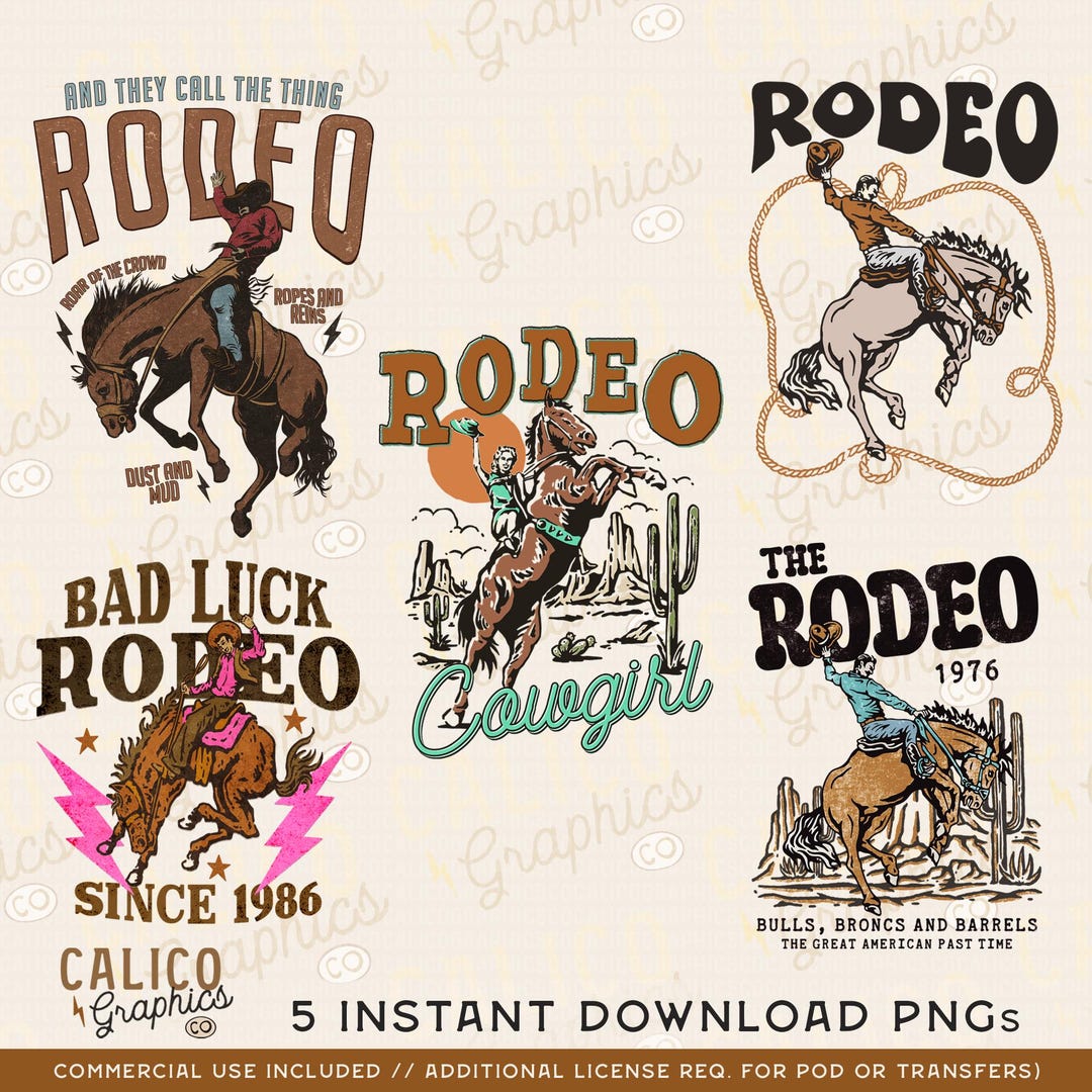 BUNDLE of 5 Cowboy Rodeo Bronco Bucking Horse Western Instant Digital Downloads Trendy Western ...