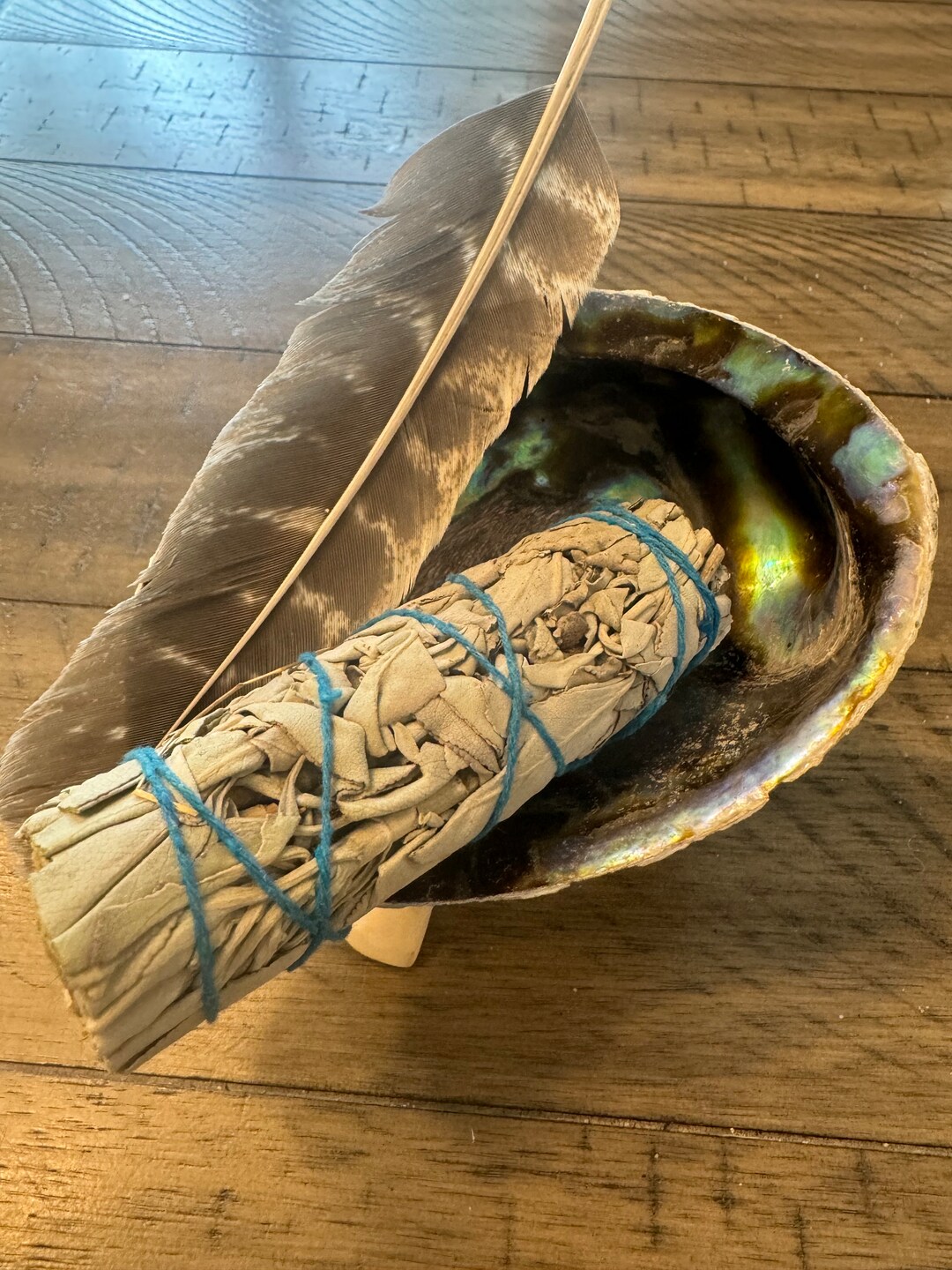 Smudging Set Complete With Sage Stick, Abolone Shell, Stand & Feather ...
