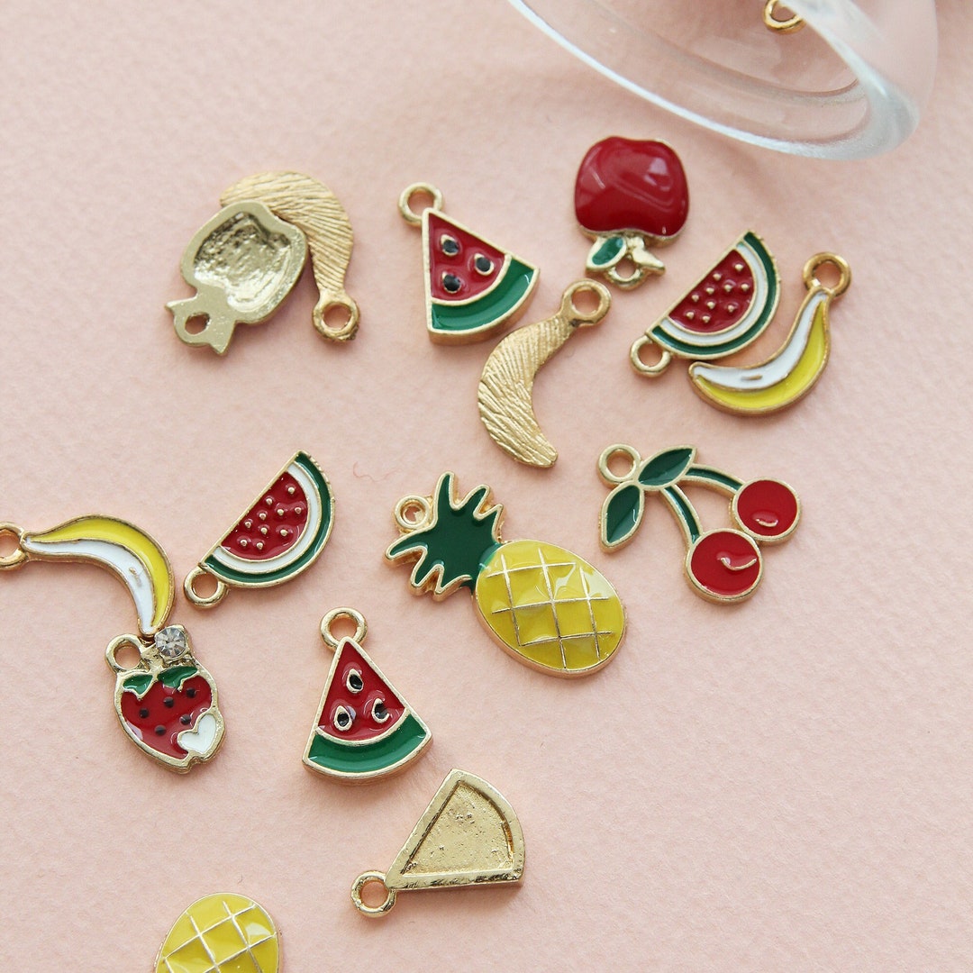 4pcs Enamel Fruit Charms, Cherry Pineapple Apple Watermelon Banana ...