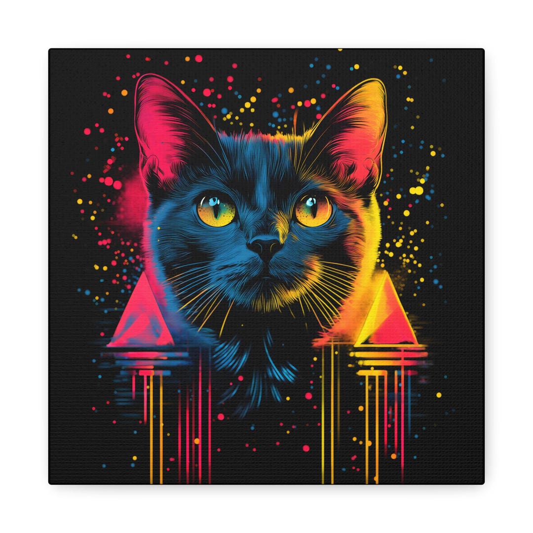 Neon Cat Art Print Vibrant Black Cat With Geometric Elements Modern ...