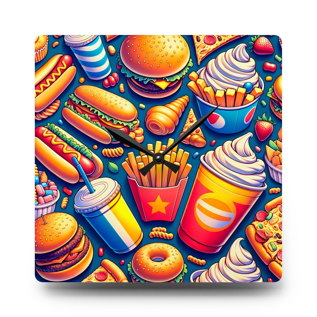 Fast Food Delight Wall Clock Colorful Snack-themed Kitchen Clock Unique ...