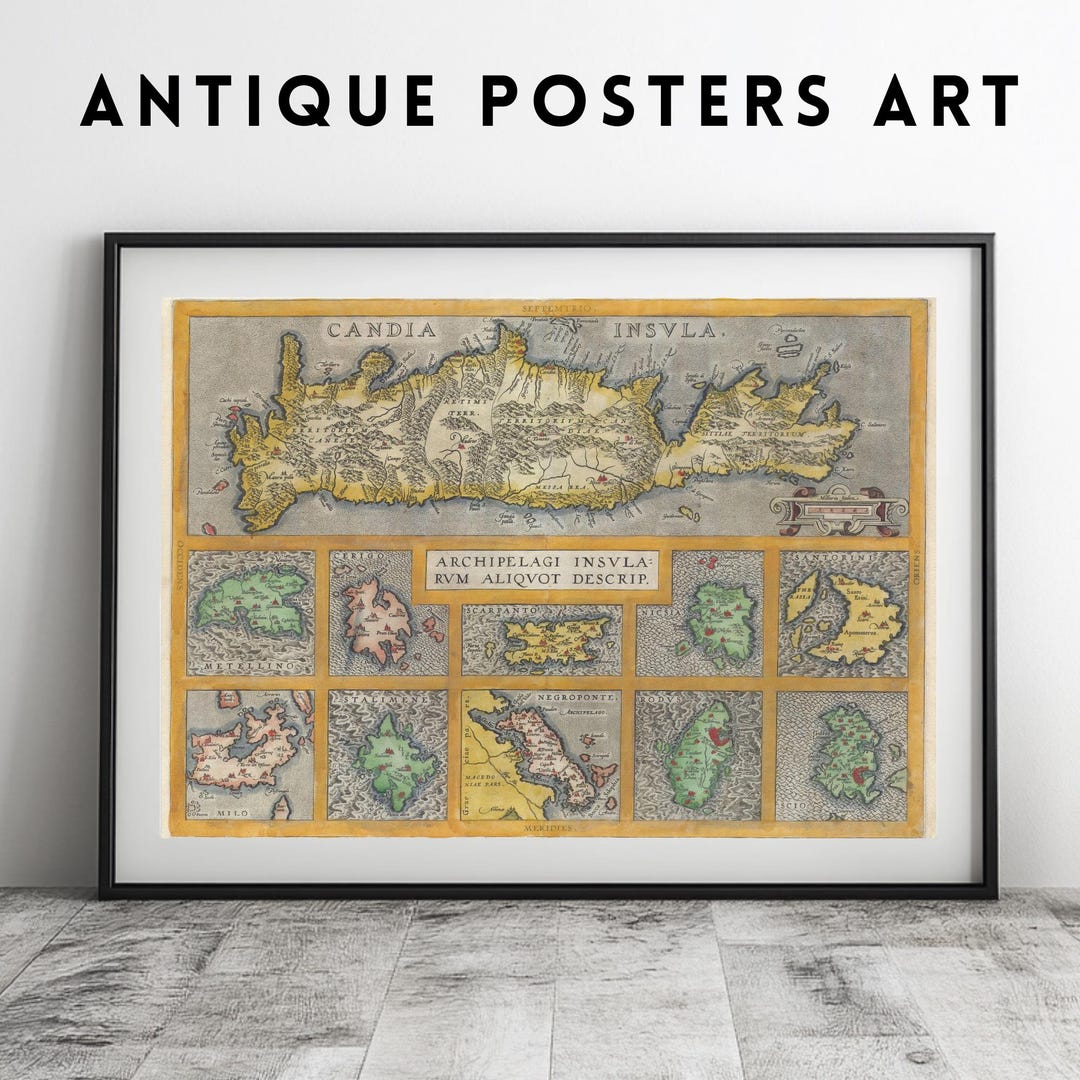 Vintage Map of Crete Candia and 10 Greek Islands, Retro Wall Art Print ...