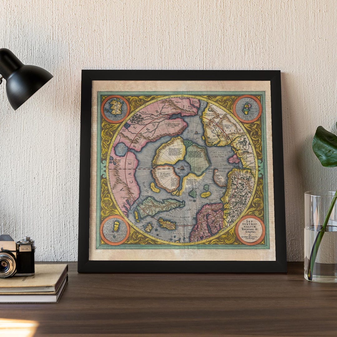 Stara mapa Arktyki, Mercator Hondius z 1606 r., kolekcjonerska mapa ...